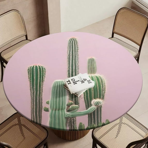 Cactus Plant Minimalist Art Round Table Cover Kitchen Printed Waterproof Tablecloth Elastic ...