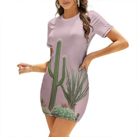 Cactus Plant Minimalist Art Short Sleeve Dress Evening Dress Woman Mini ...