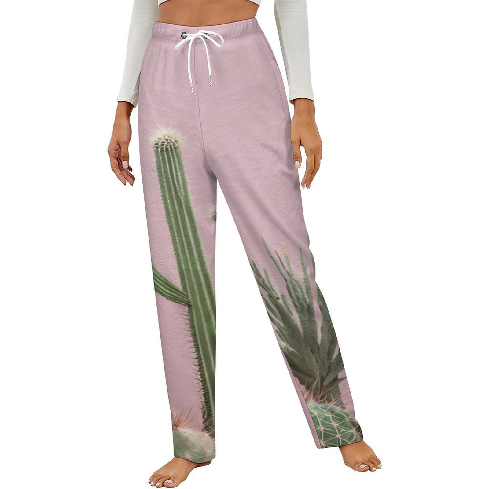 Cactus Plant Minimalist Art Winter Female Pants Flannel High Waist ...