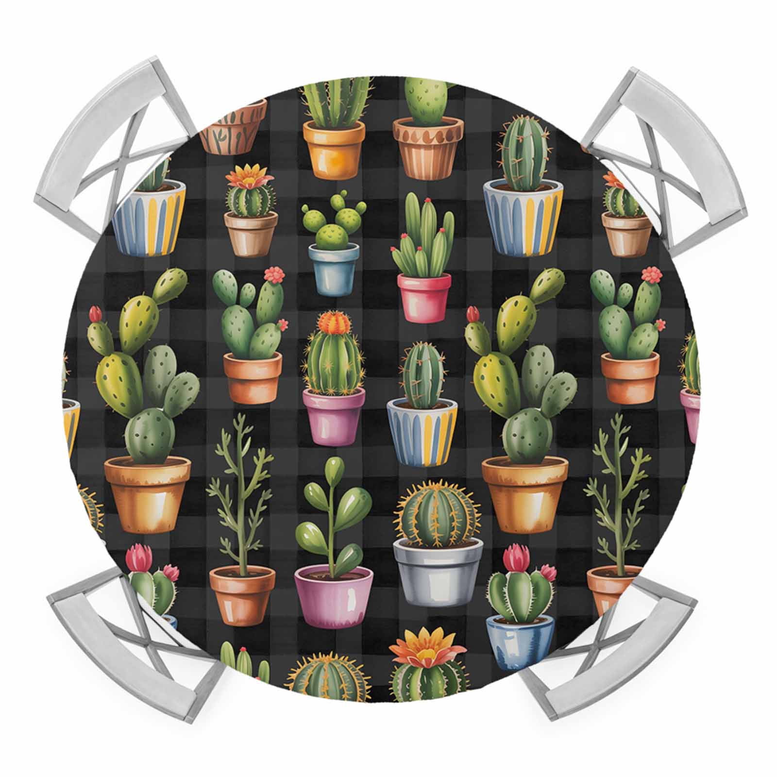 Cactus Plant Round Table Cover, Green Cactus Botanical Tropical Plant ...