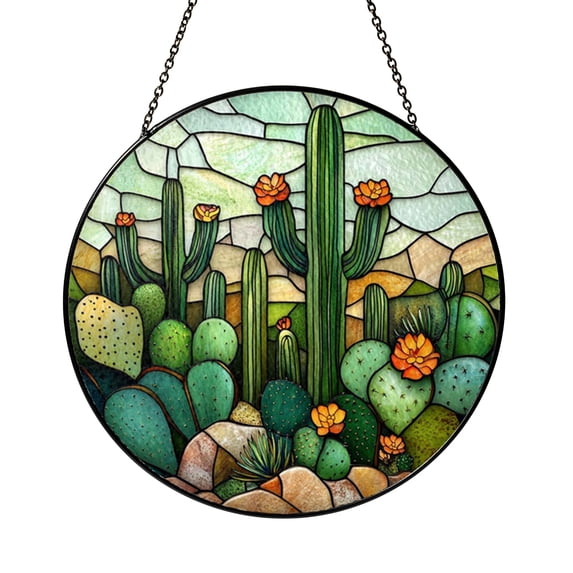 Cactus Plant Stained Glass Window Hanging Decor, Botanical Art Panel ...