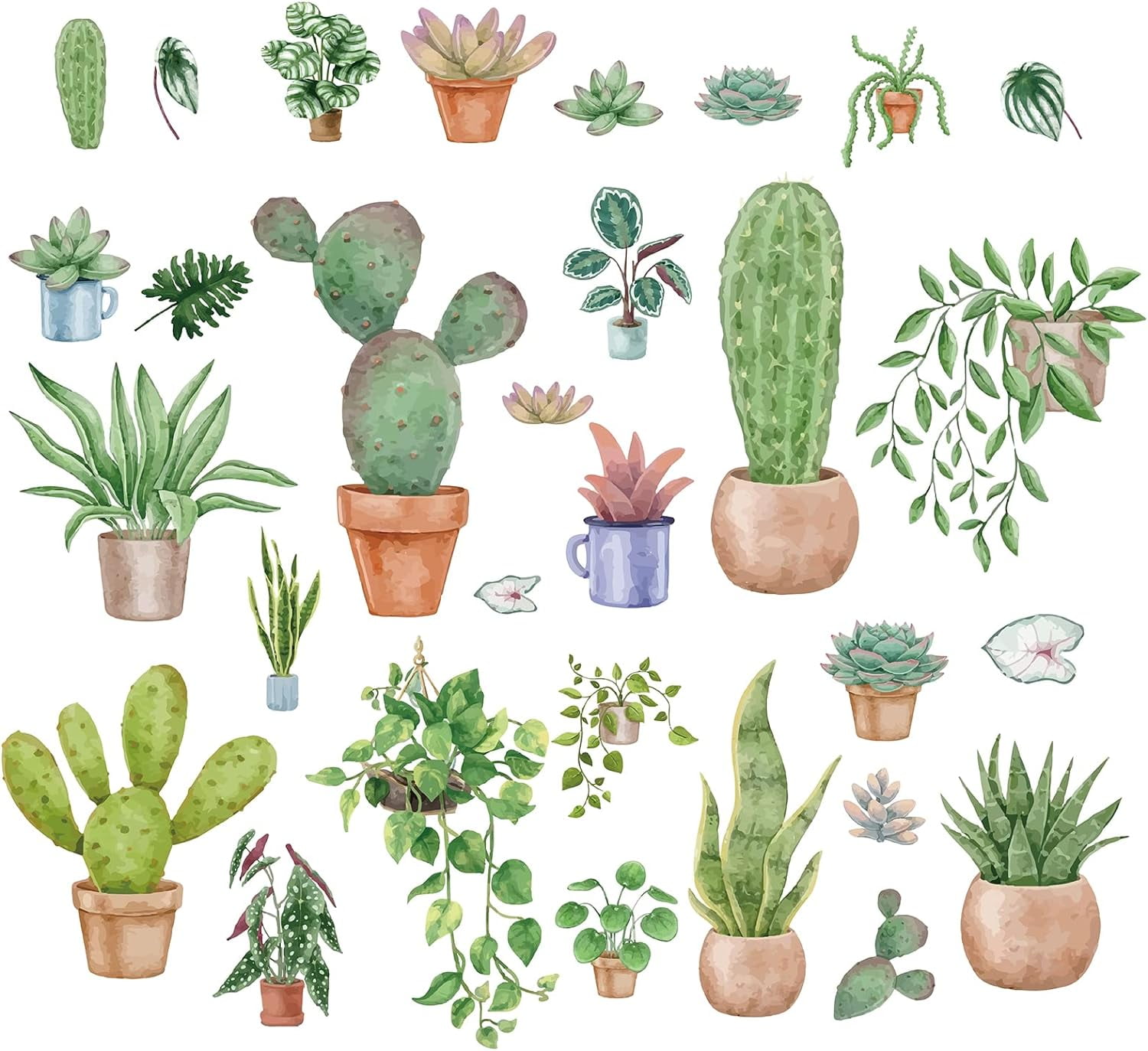Cactus Potted Wall Decals Green Plants Window Stickers Peel and Sticker ...
