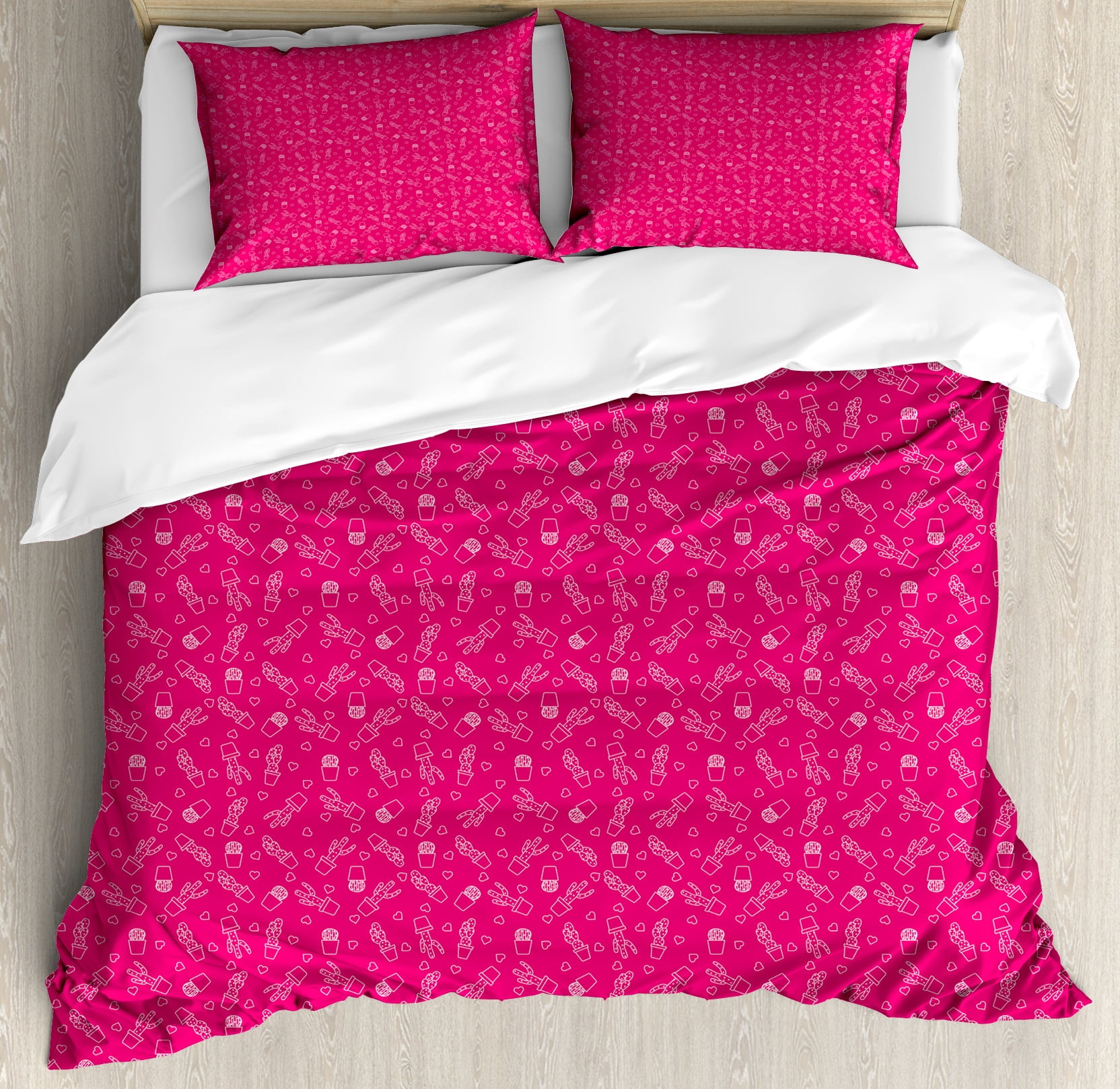Cactus Print Duvet Cover Set, Outline Drawing of Hearts and Pots Drawn ...