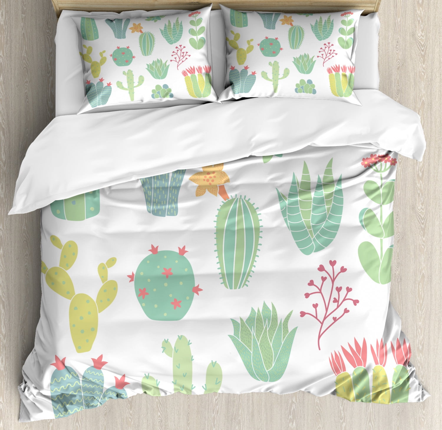 Cactus Queen Size Duvet Cover Set, Hand Drawn Cacti Pattern Blossoming ...