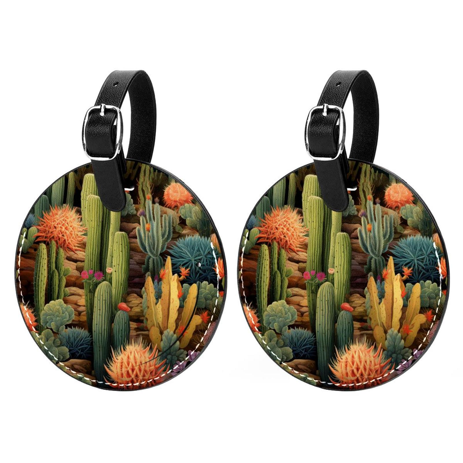 Cactus Set of 2pcs PU Leather Round Suitcase Tags with Privacy Cover ...