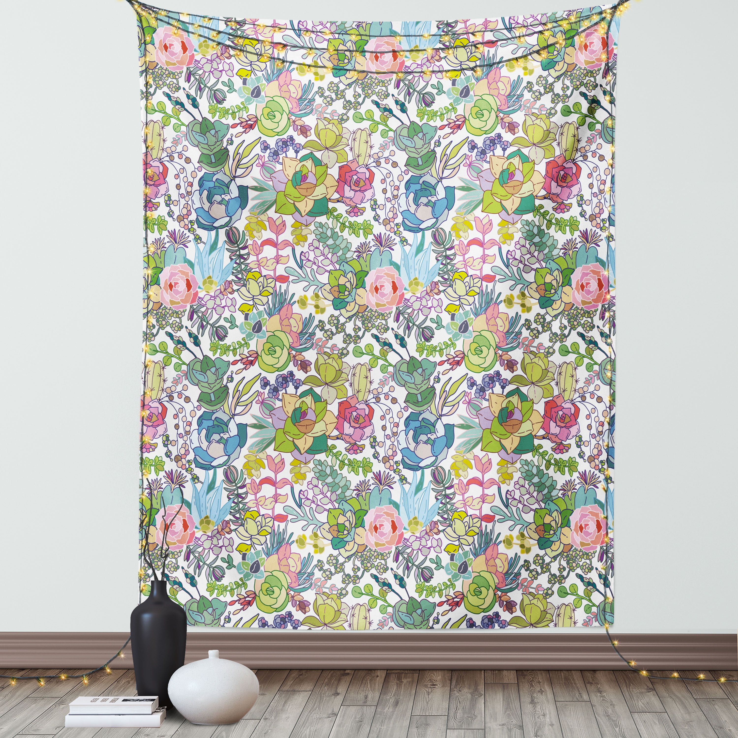 Cactus Spring Flower Tapestry, Illustration of Cluttered Botanical ...