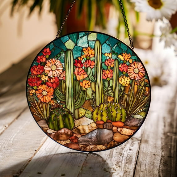 Cactus Stained Glass Window Suncatcher – Southwestern Desert Glass Sun ...