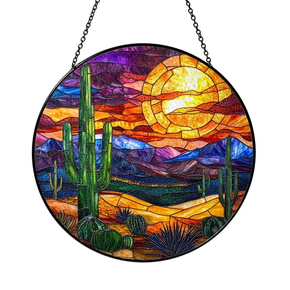 Cactus Sunset Decorative Stained Glass Style Suncatcher Window Hanging ...