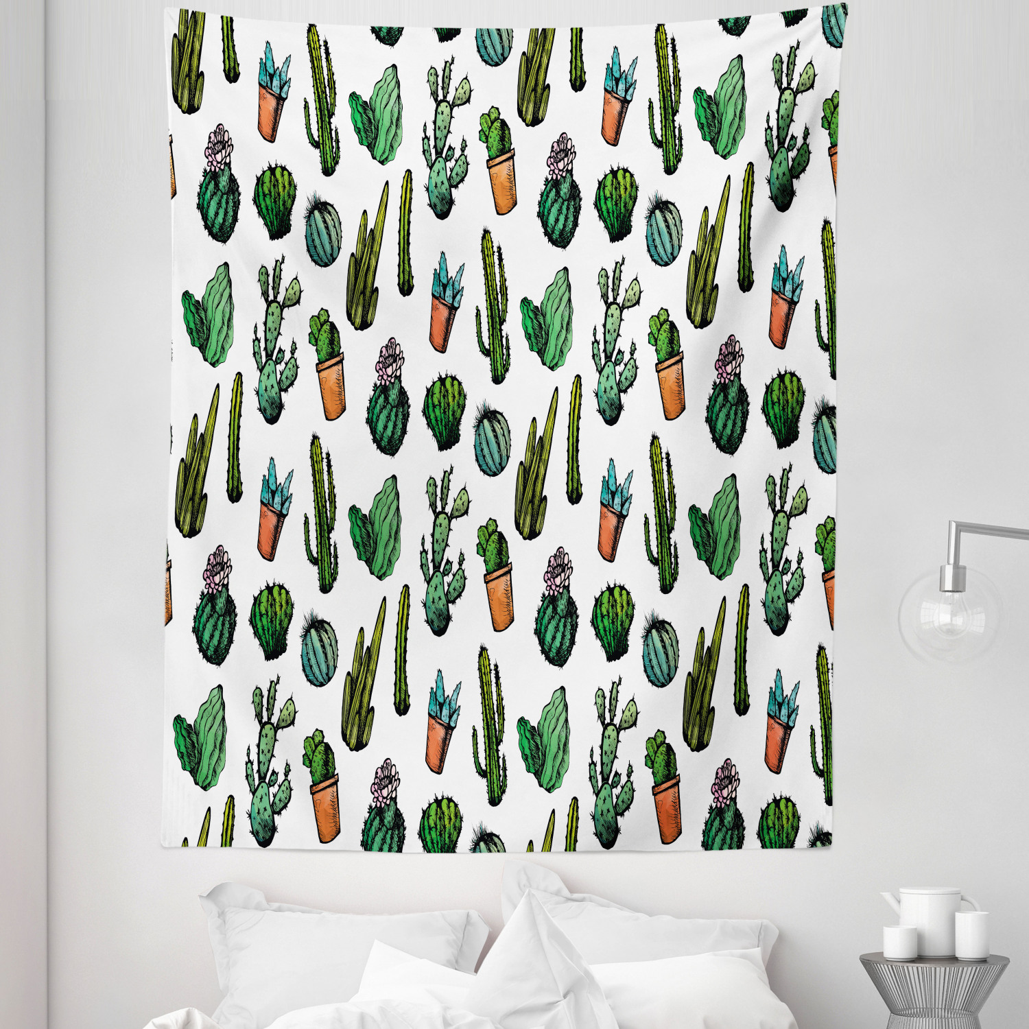 Cactus Tapestry, Sketchy Spiked Mexican Garden Foliage Boho Hand Drawn ...