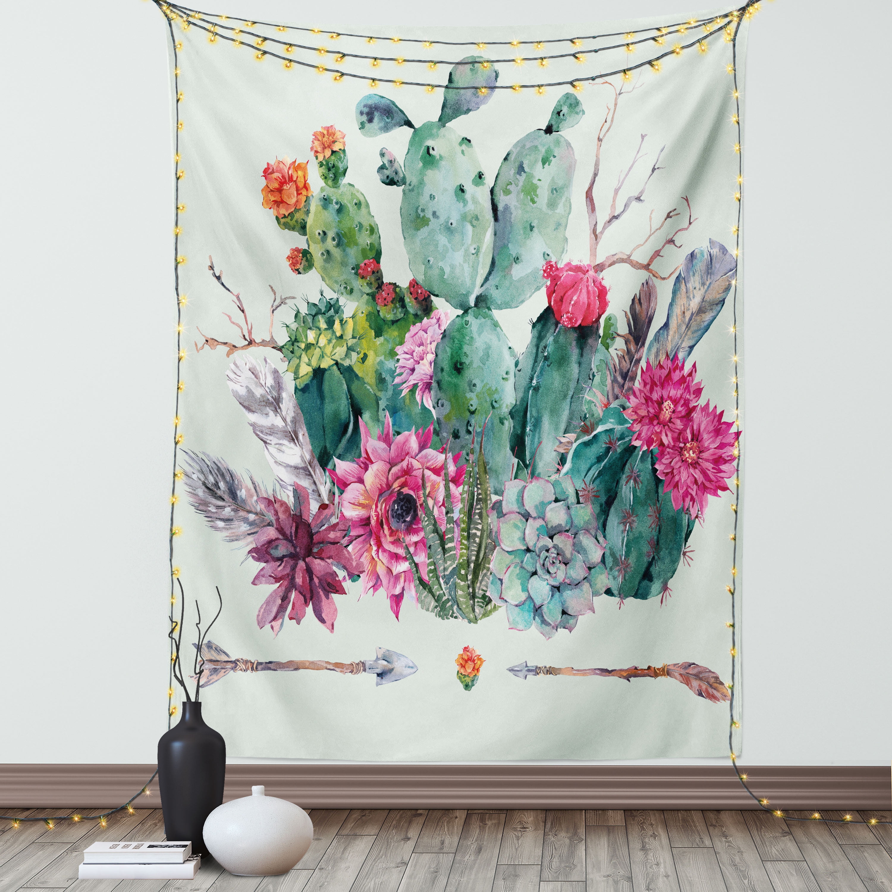 Cactus Tapestry, Spring Garden with Boho Style Bouquet of Thorny Plants ...