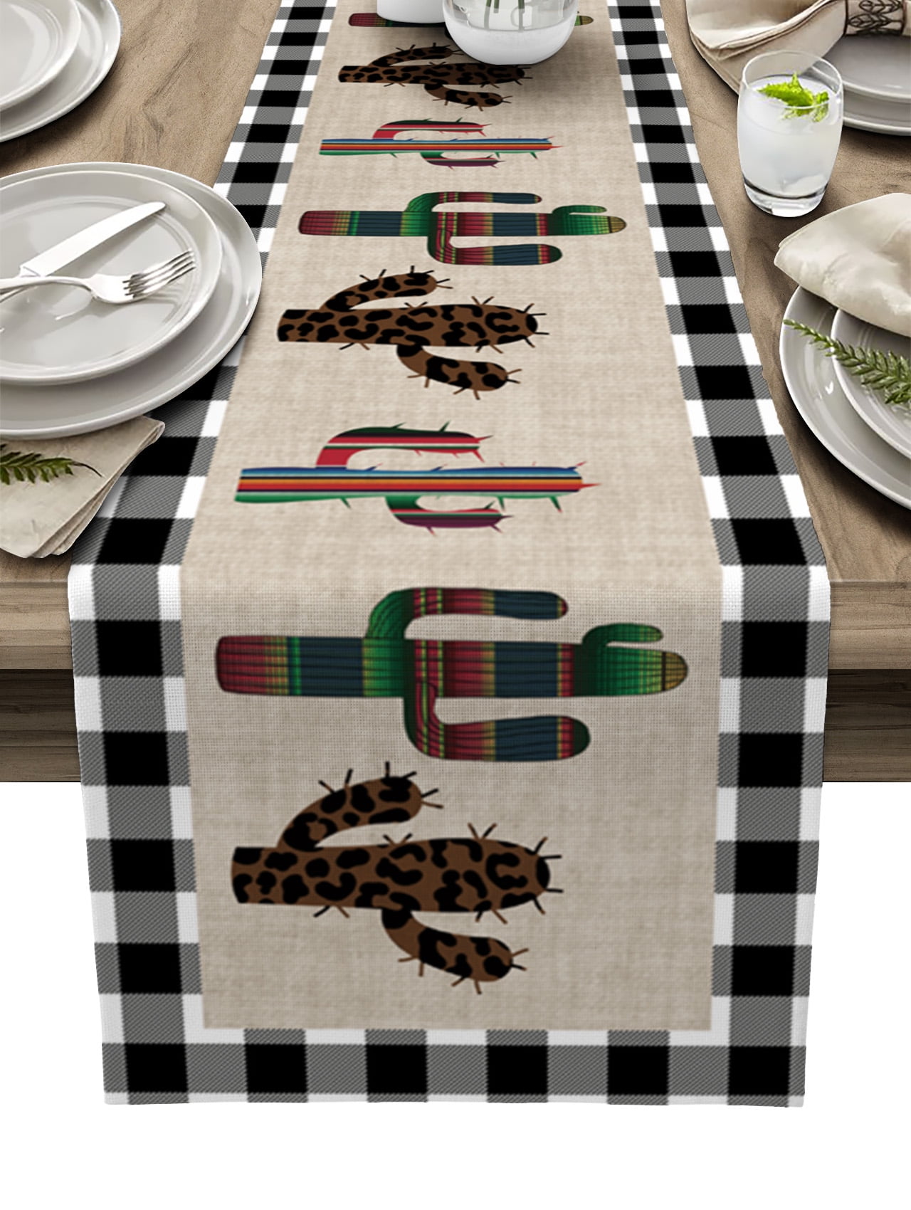 Cactus Tropical Plant Table Runner 72 Inches, Black White Checkered Bed ...