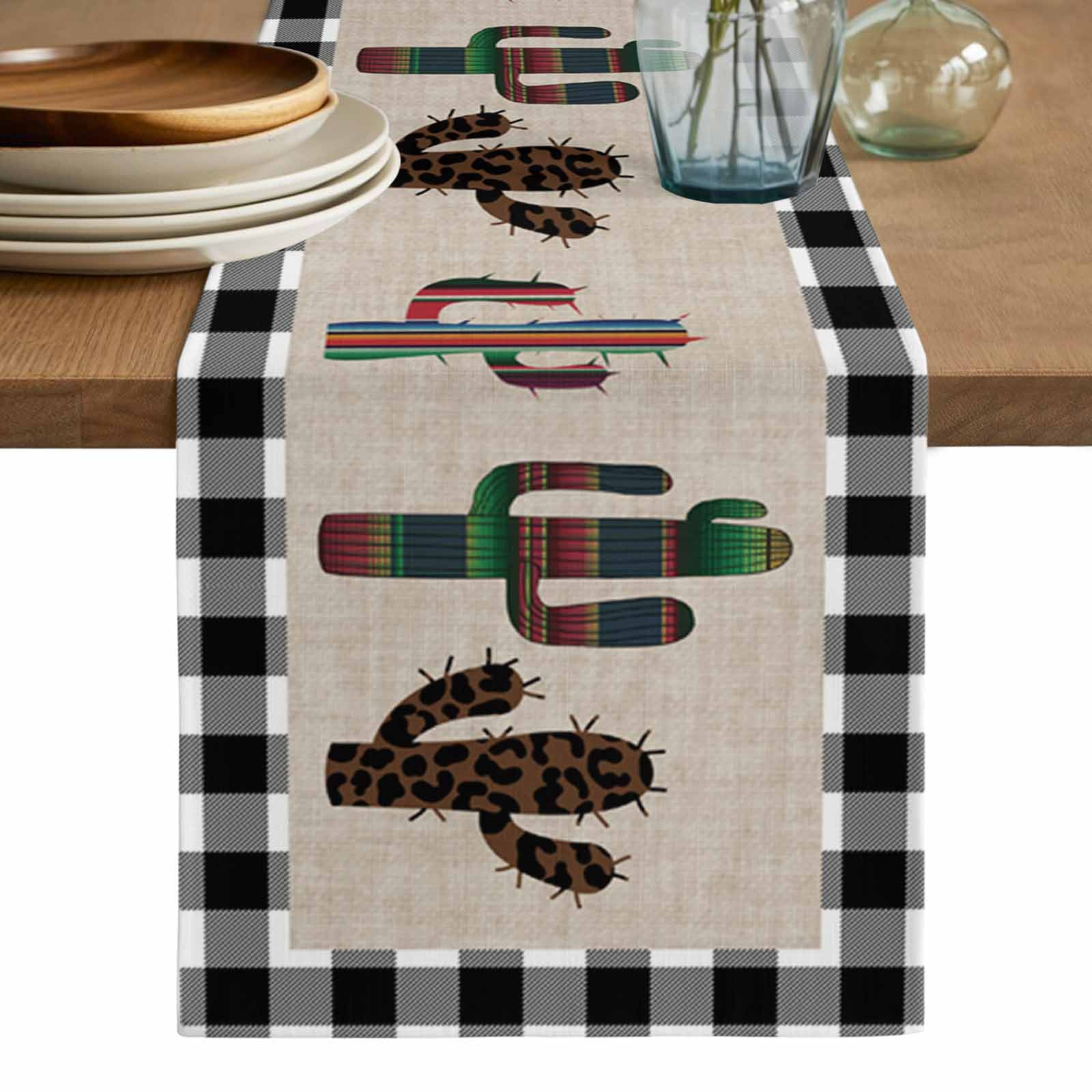 Cactus Tropical Plant Table Runner, Black White Checkered Washable ...