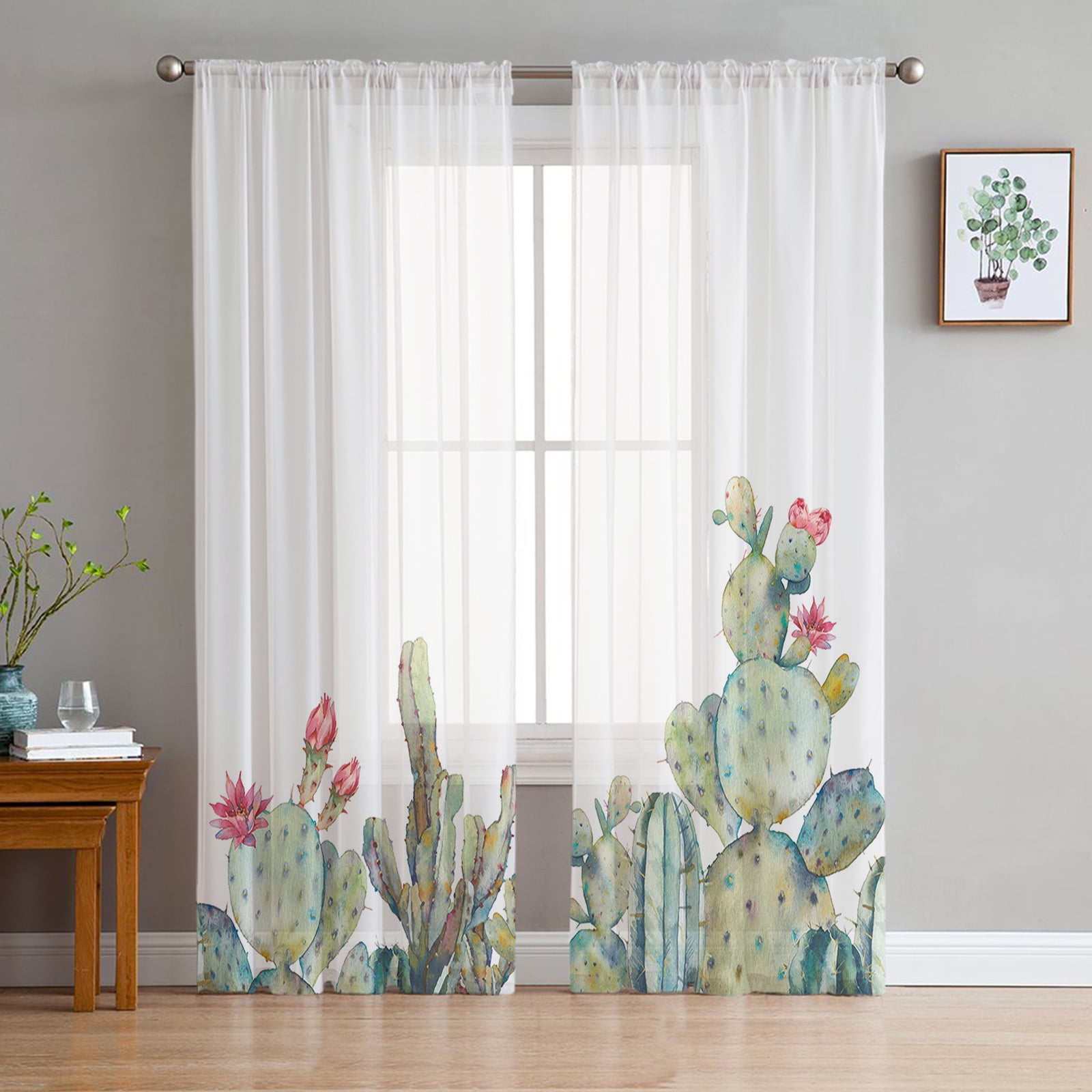 Cactus Tropical Plant White Tulle Curtains for Living Room Bedroom ration Modern Chiffon Sheer ...