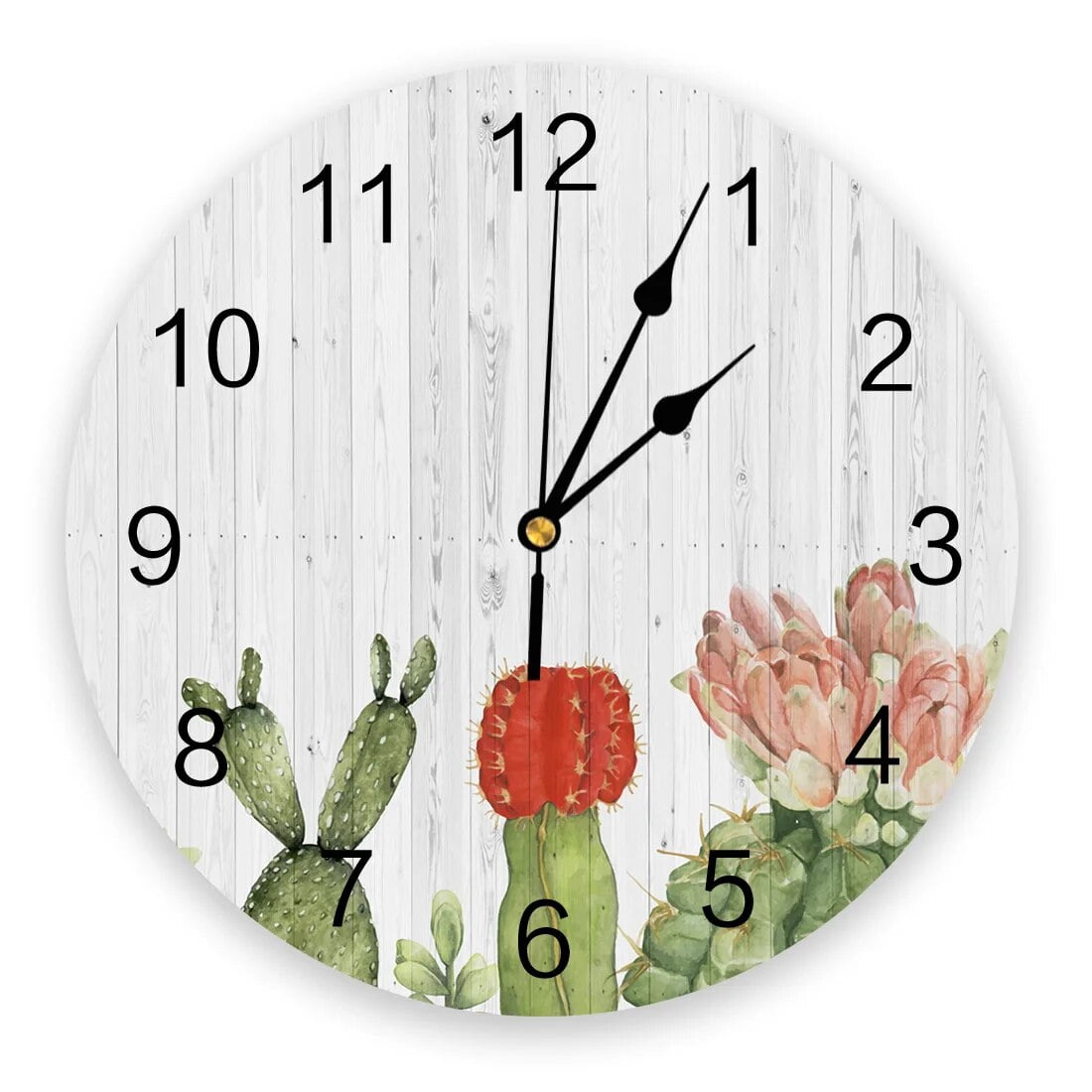 Cactus Tropical Plant Wood Plank Texture Wall Clocks Silent Home Cafe ...