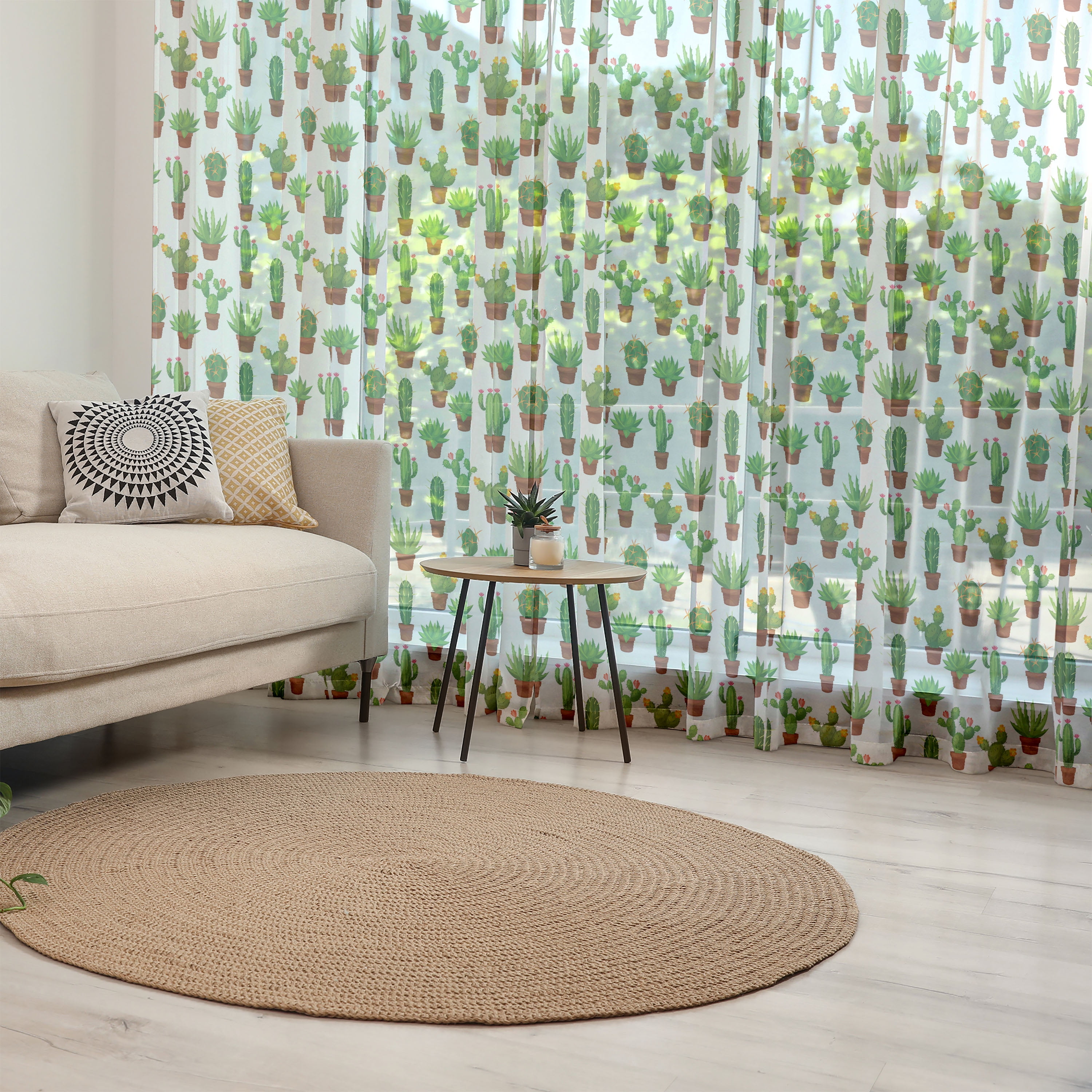 Cactus Tulle Curtains with Rod Pocket, Abstract Floral Pattern with ...