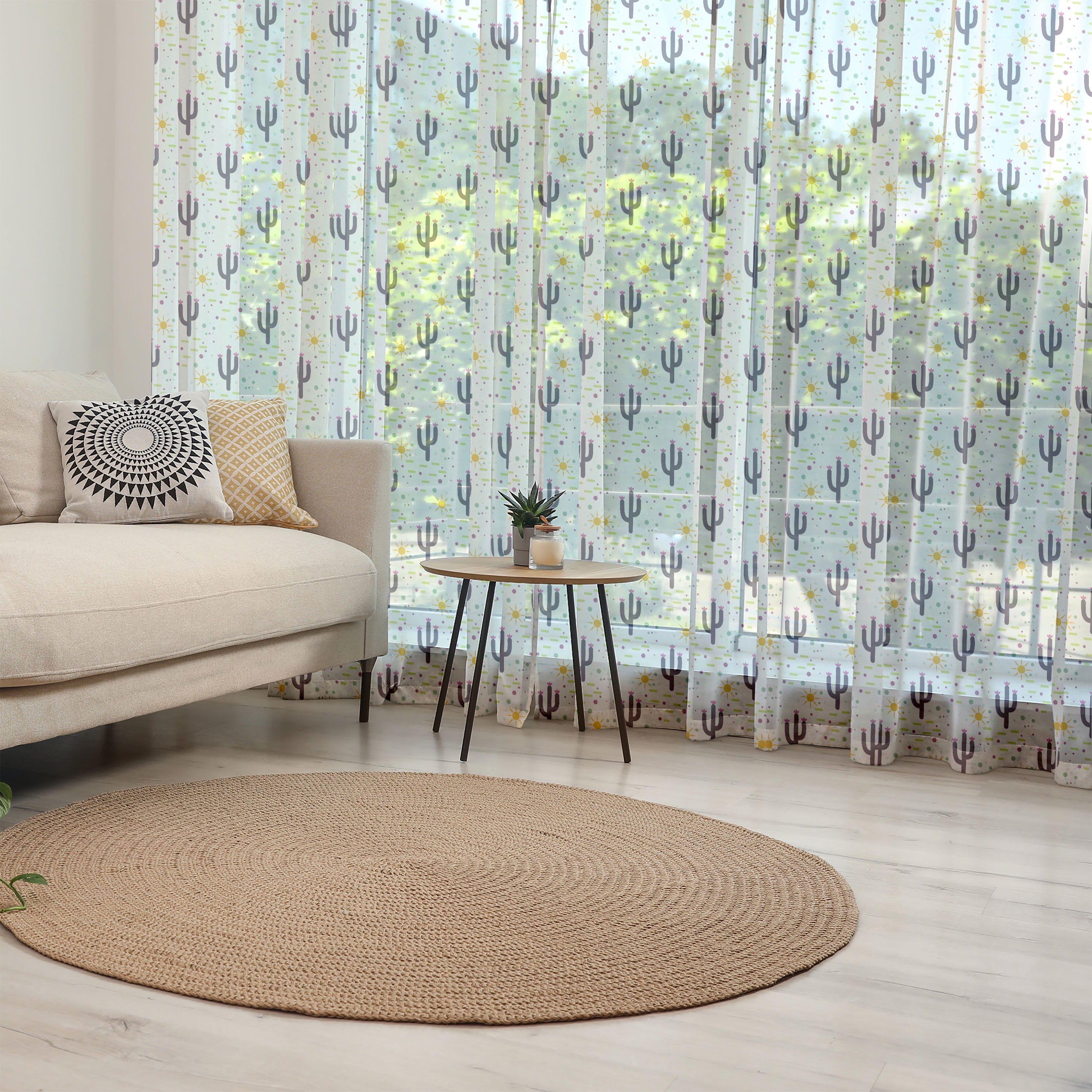 Cactus Tulle Curtains with Rod Pocket, Cacti Silhouettes with Stripes ...