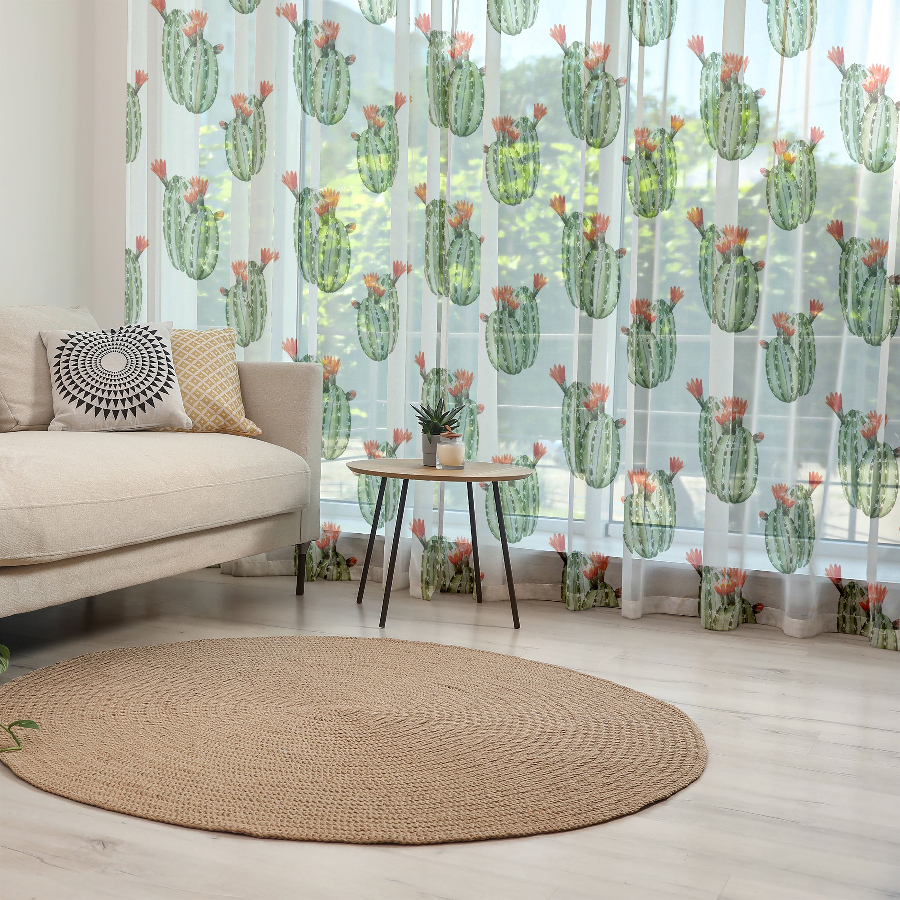 Cactus Tulle Curtains with Rod Pocket, Cacti Spikes and Red Flowers ...