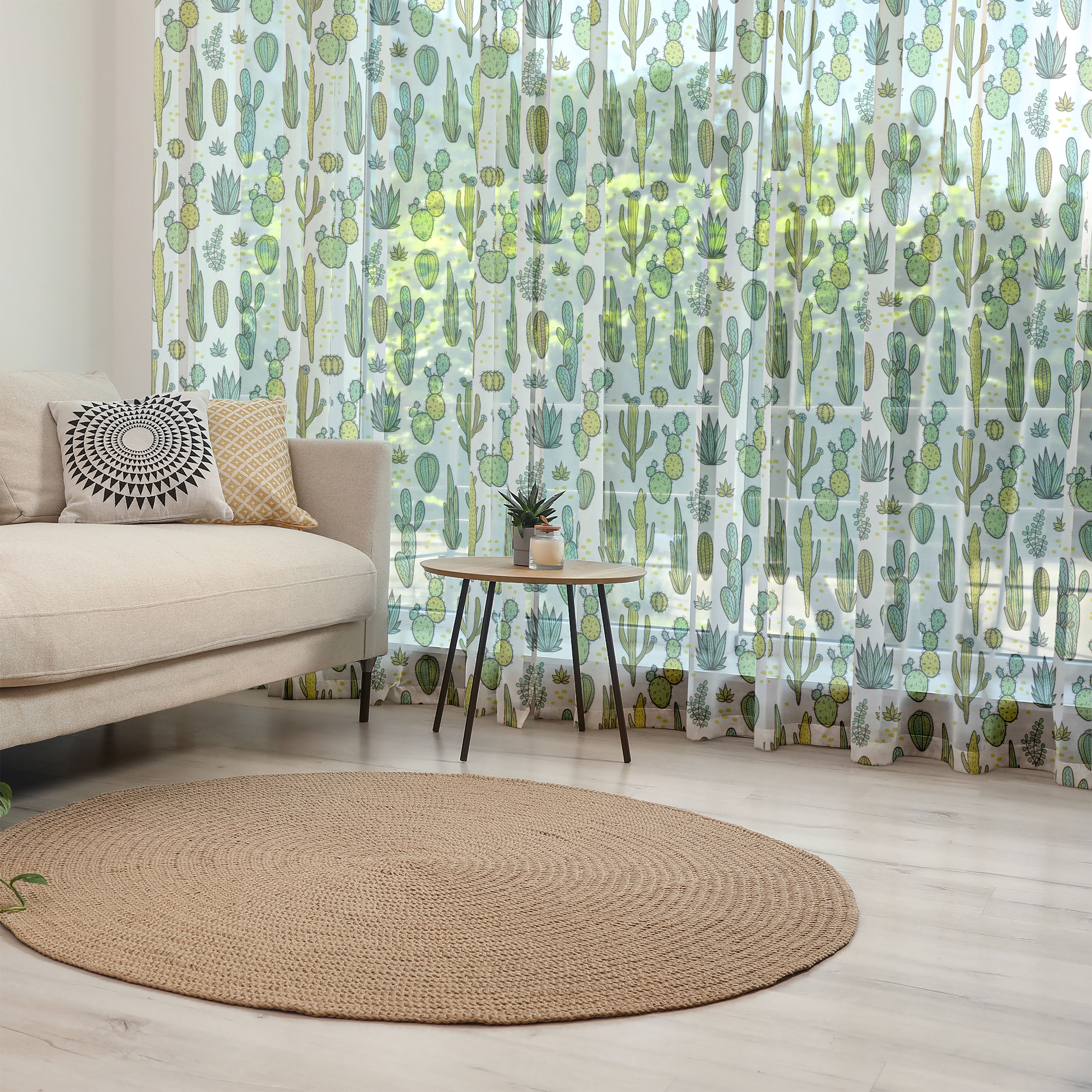 Cactus Tulle Curtains with Rod Pocket, Hand Draw Foliage Pattern ...