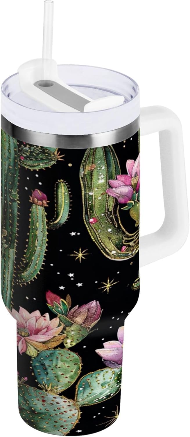 Cactus Tumbler with Handle and Lid Straw, 40 oz Leakproof Stainless ...