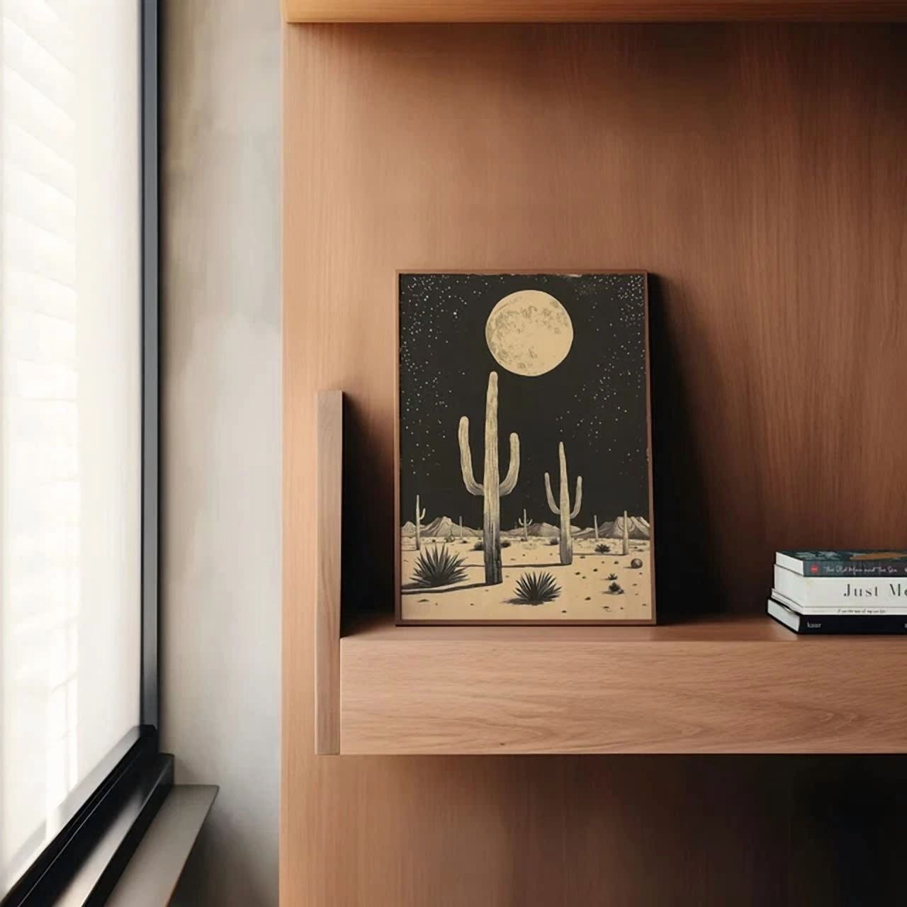 Cactus Under Moon In Desert Poster Art Home Decor Vintage Gift Living ...