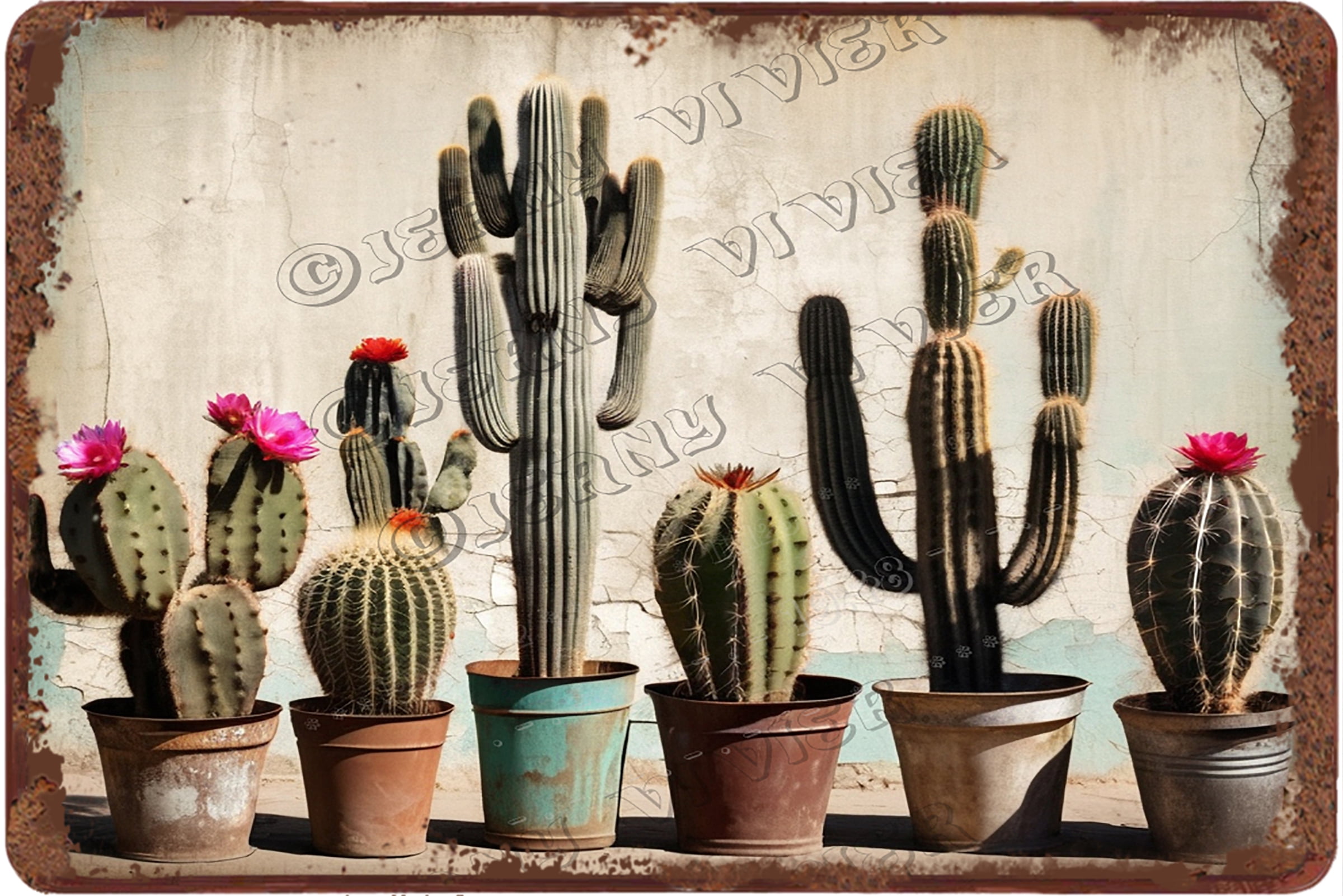 Cactus Vintage Tin Sign Rustic Home Decor Flower Art Cacti Wall Sign ...