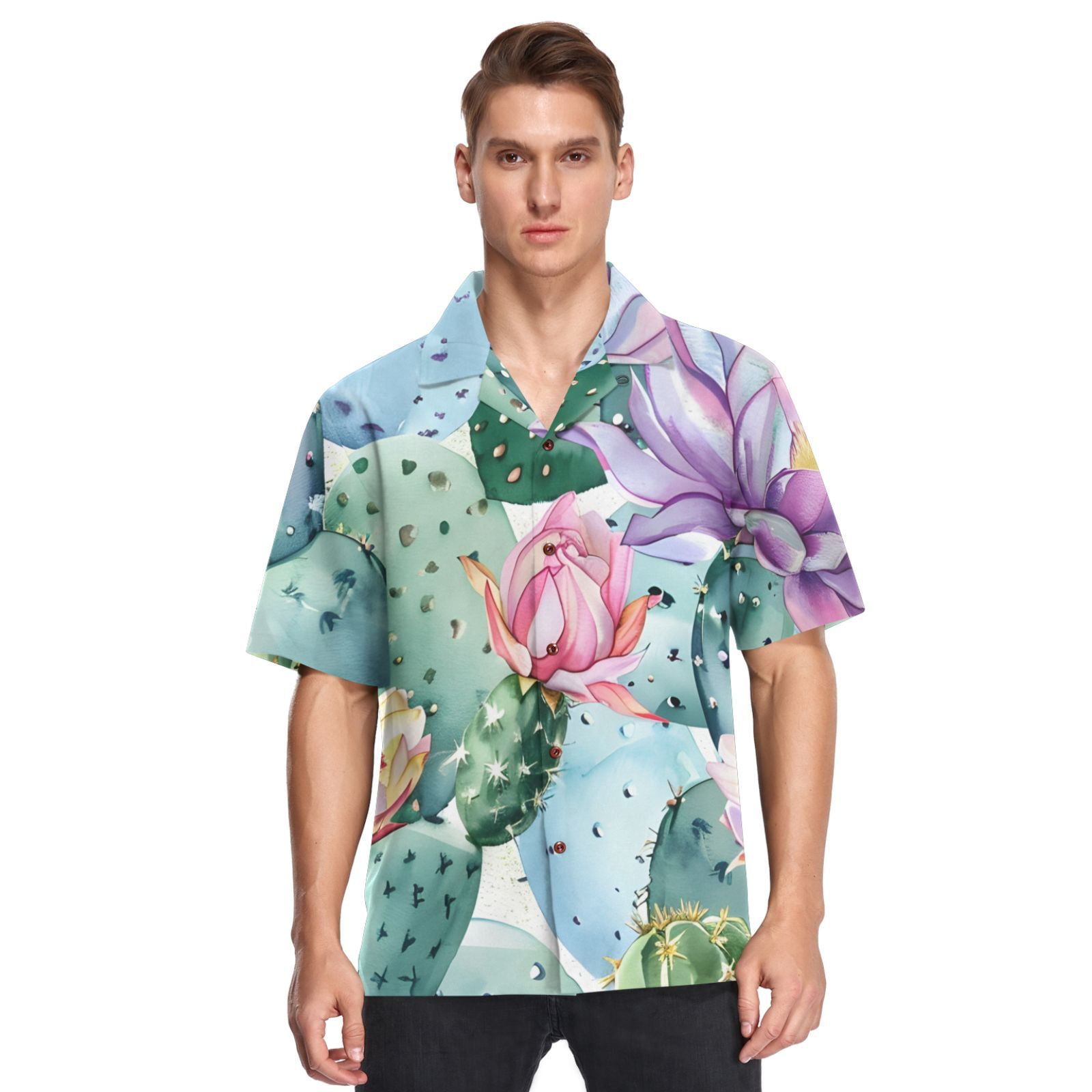 Cactus Watercolor Print Men's Hawaiian Wrinkle Free Button Down Short ...