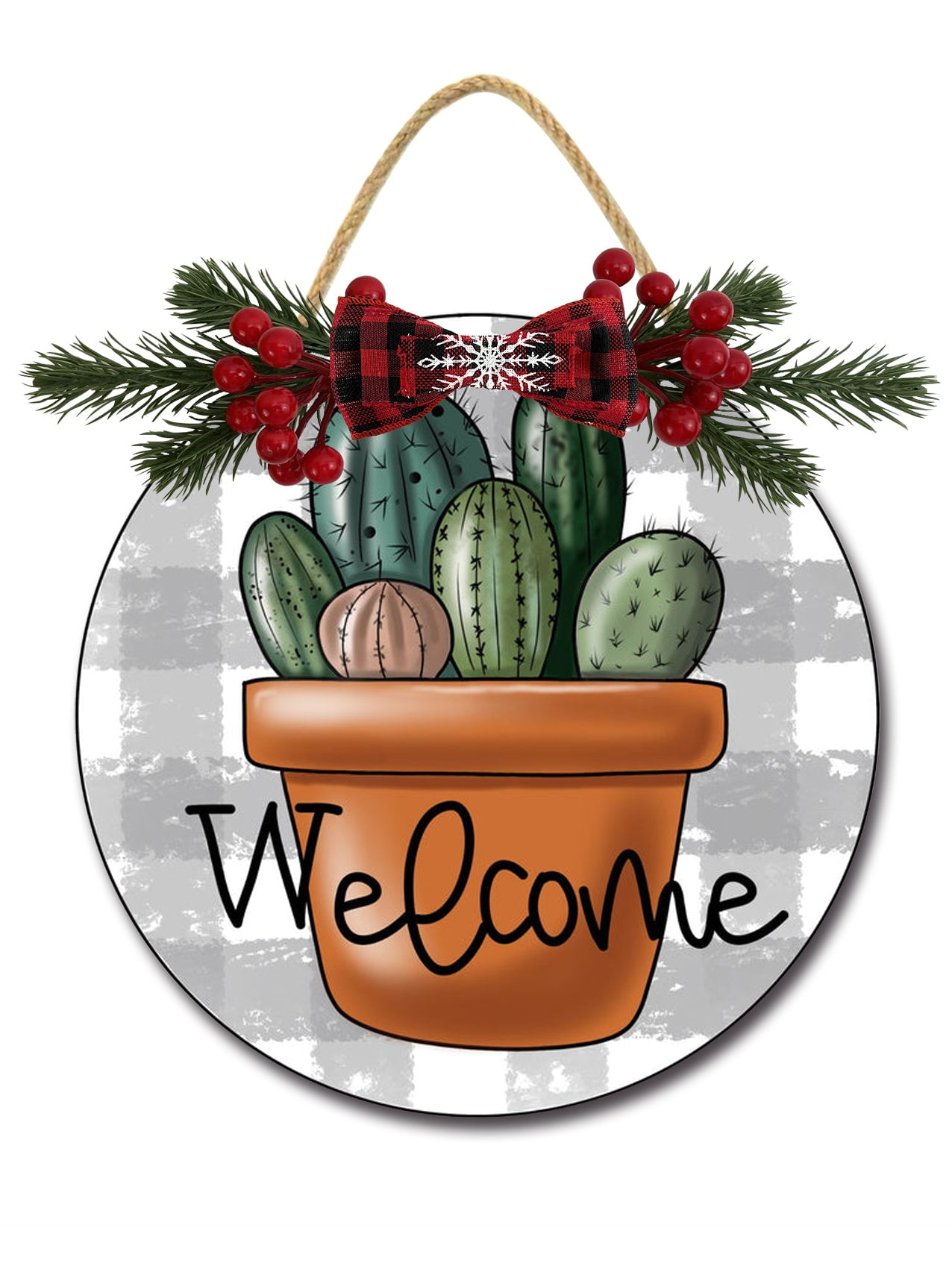 Cactus Welcome Sign Front Door Porch Decorations, Round Rustic Wood ...