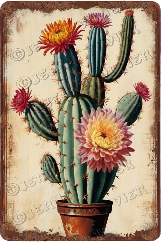 Cactus With Flower Retro Aluminum Sign Cacti Wall Art Decor Botanical ...