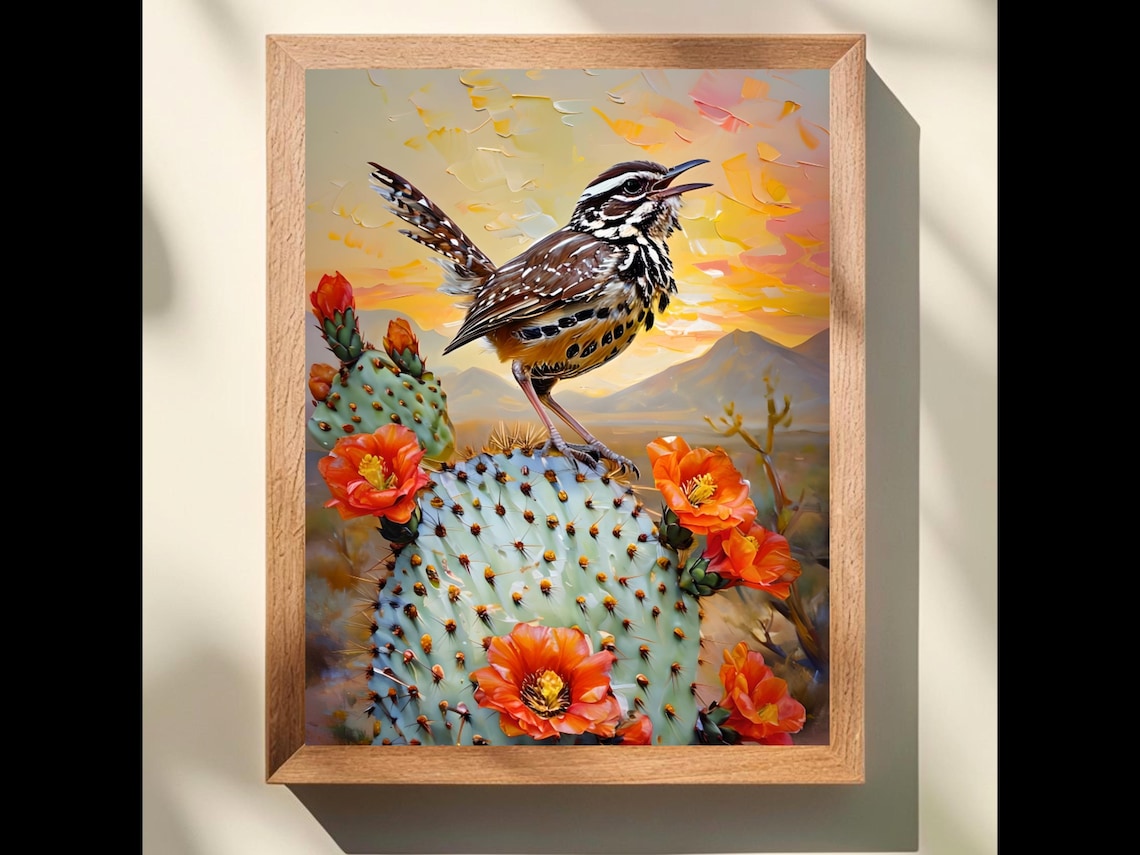 Cactus Wren Desert Art, Prickly Pear Cactus Bloom, Sonoran Desert Bird ...