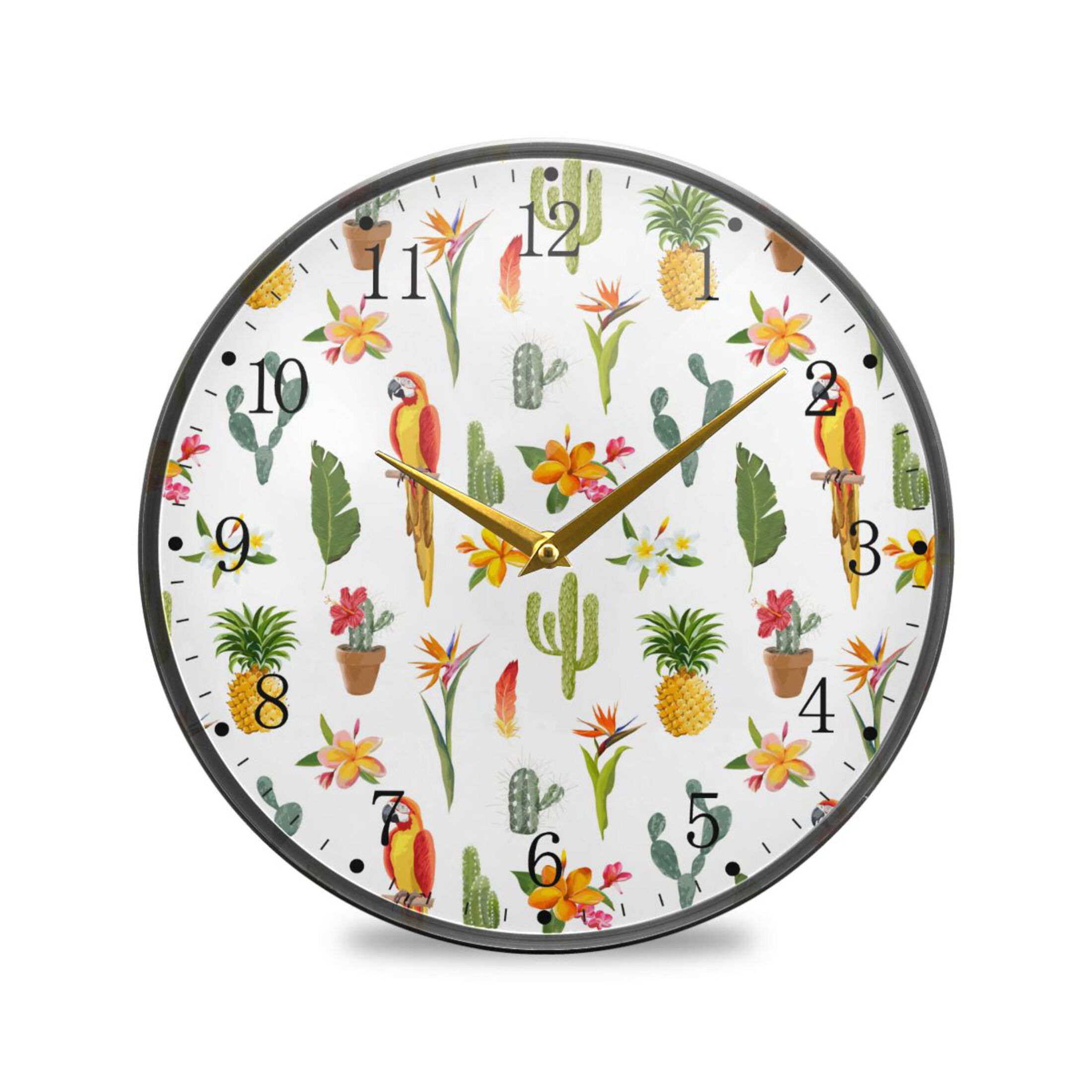 Cactus and Birds Acrylic Wall Clocks Quiet Round Clock Battery Operated ...
