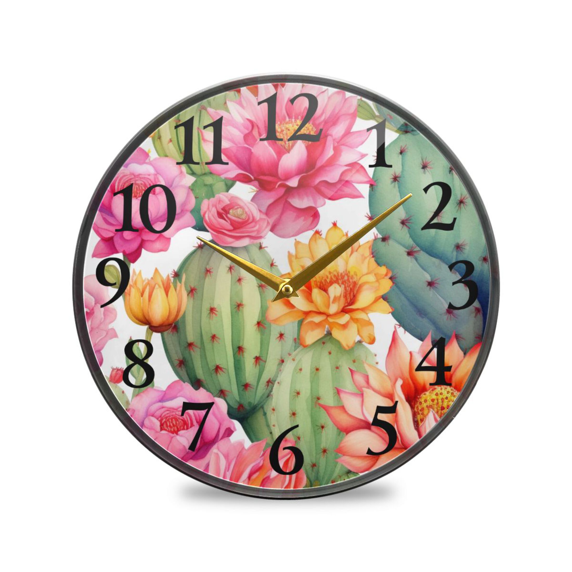 Cactus and Flowers Wall Clocks Battery Operated 9.5 Inch Round Clock ...
