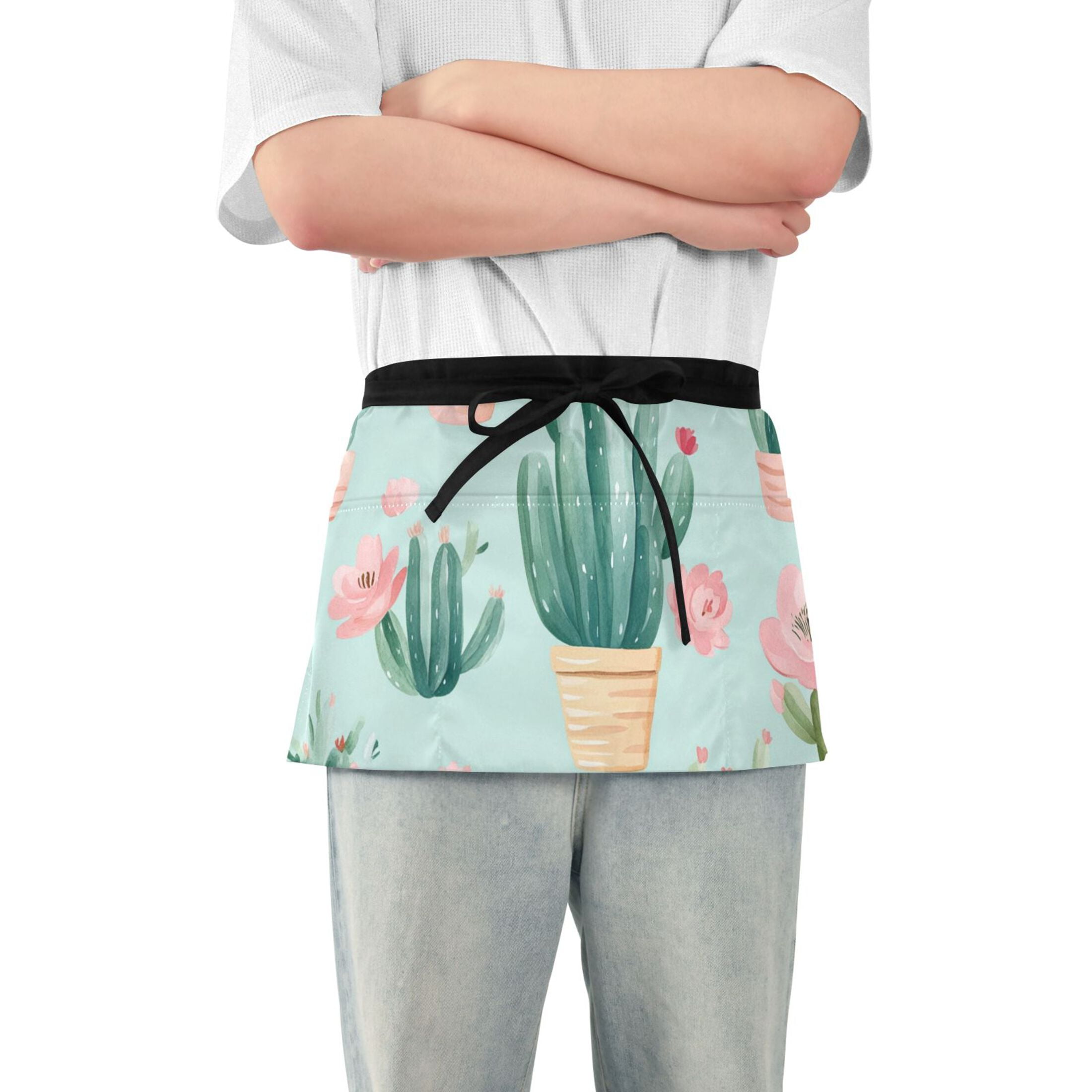Cactus with Pinkish Flowers Watercolor Short Server Apron with 3 ...