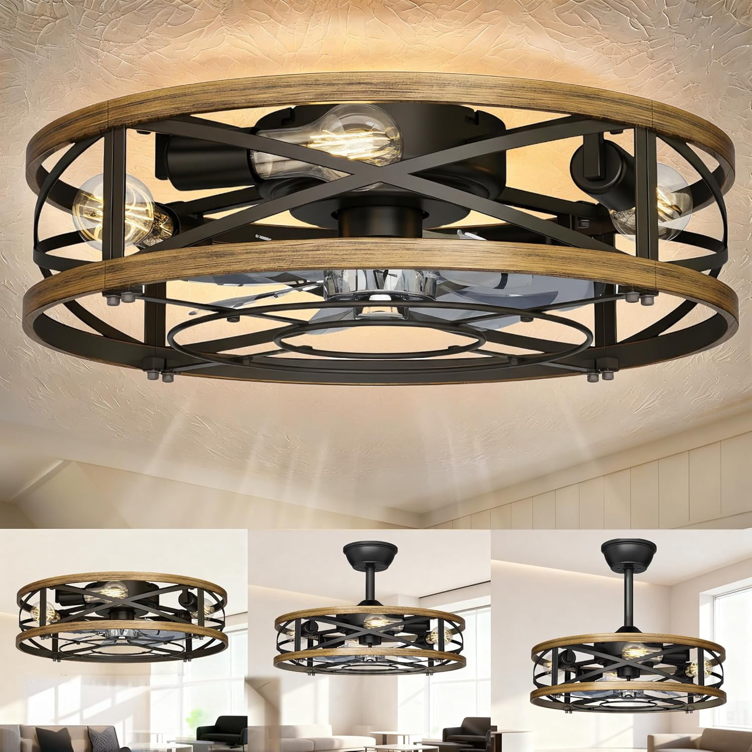 Cad Ceiling Fan with Lights,20in Low Profile Ceiling Fan, Small Rustic ...