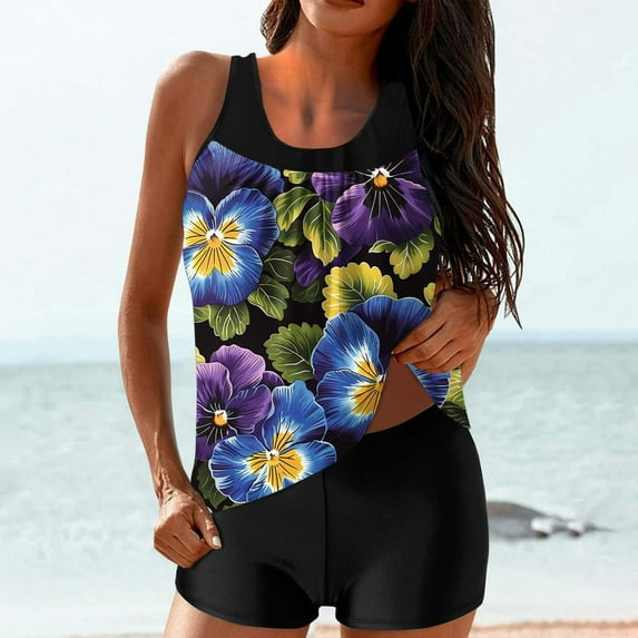 Cadancy 2 Piece Swimsuit for Women Tummy Control Blouson Tank Tops with ...