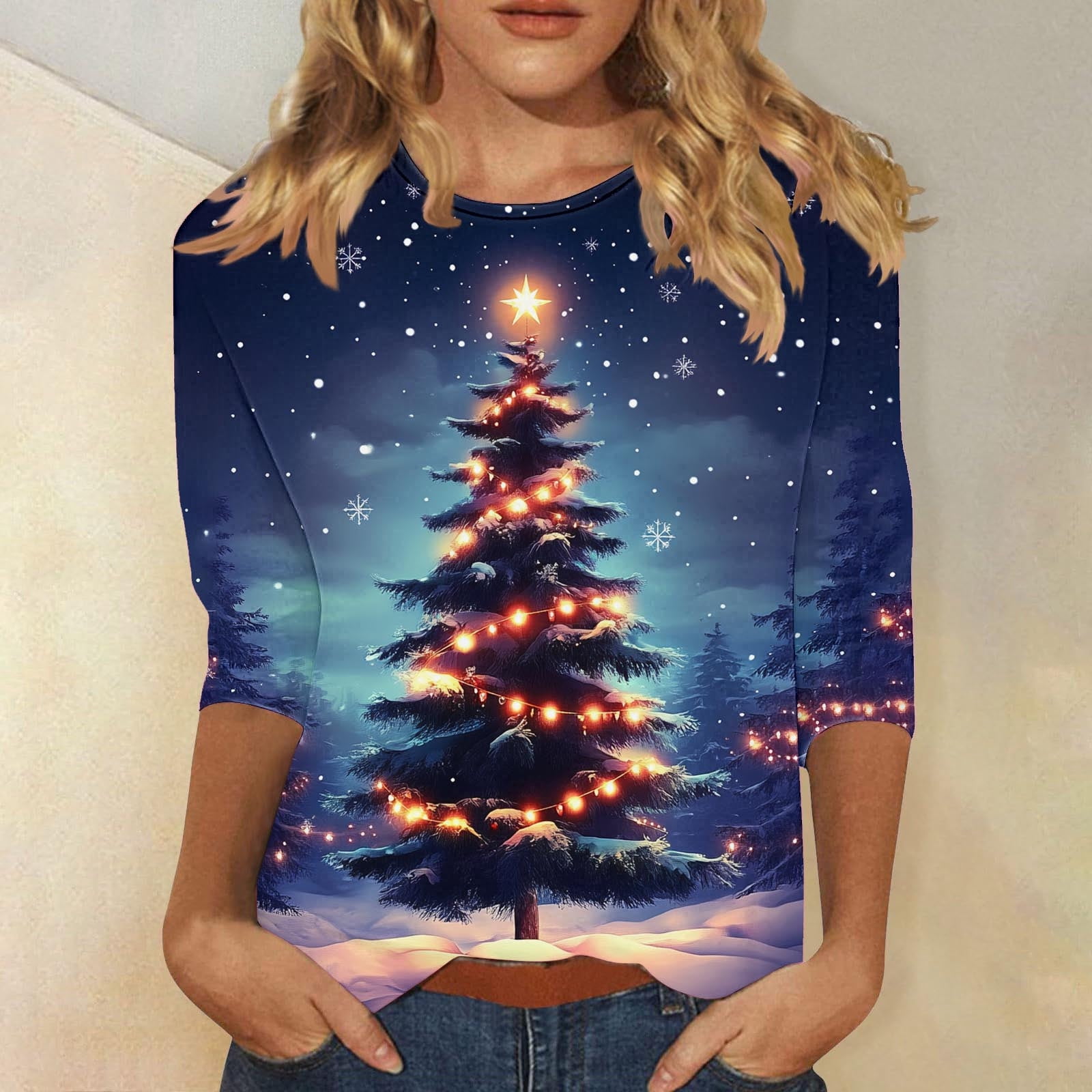 Cadancy 3/4 Sleeve Tops for Women Plus Size Christmas Tree Graphic ...