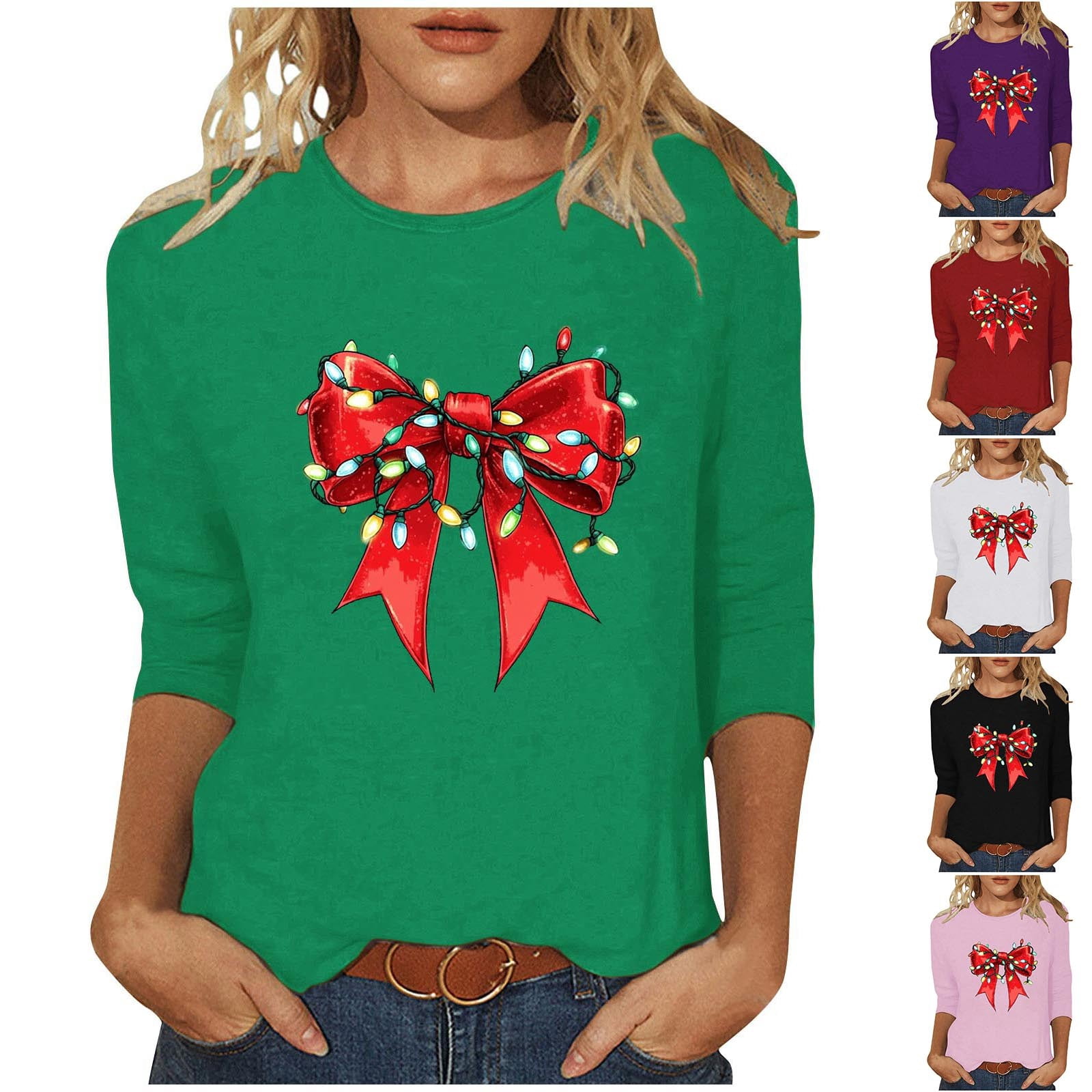 Cadancy Christmas Shirts for Women Casual 3/4 Sleeve Funny Bow Print ...