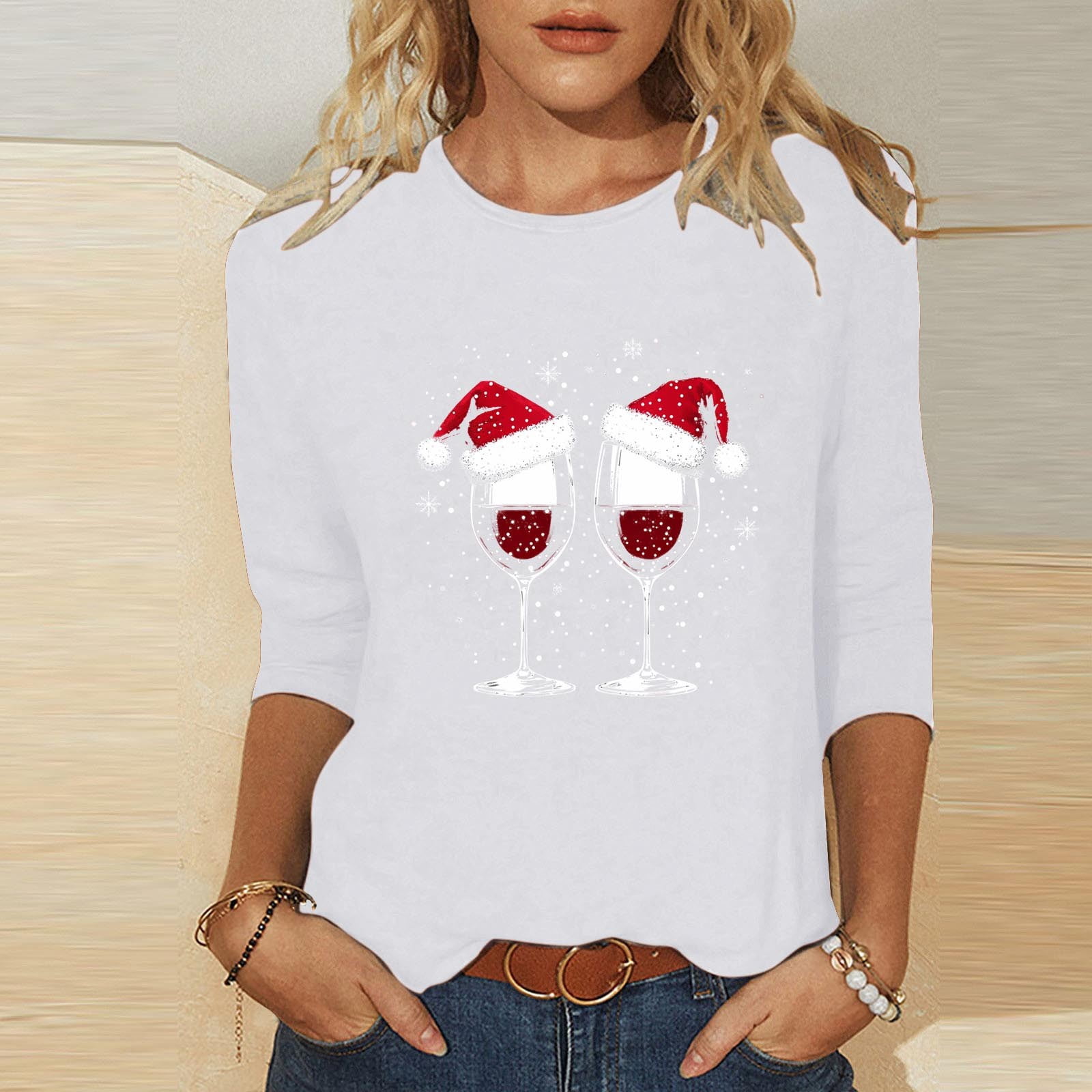 Cadancy Christmas Tee Shirts for Women Party 3/4 Sleeve Crew Neck Shirt ...