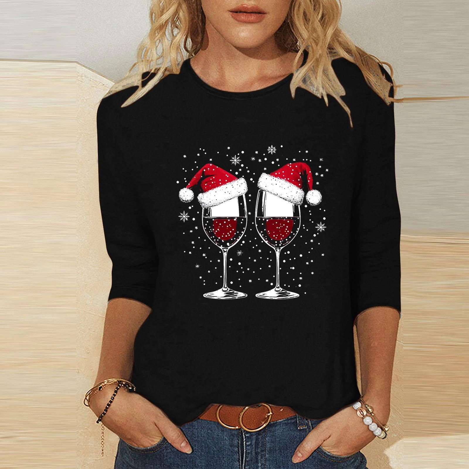 Cadancy Christmas Tee Shirts for Women Party 3/4 Sleeve Crew Neck Shirt ...