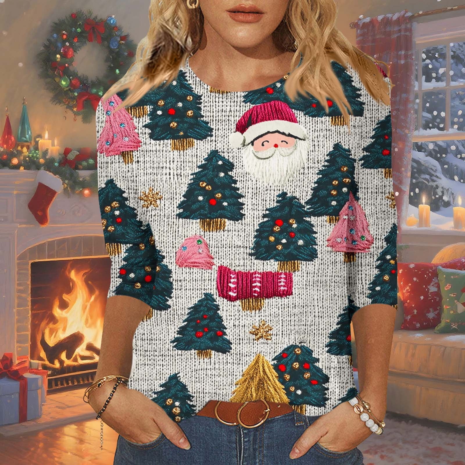 Cadancy Christmas Tee Shirts for Women 3/4 Sleeve Cute Xmas Graphic ...