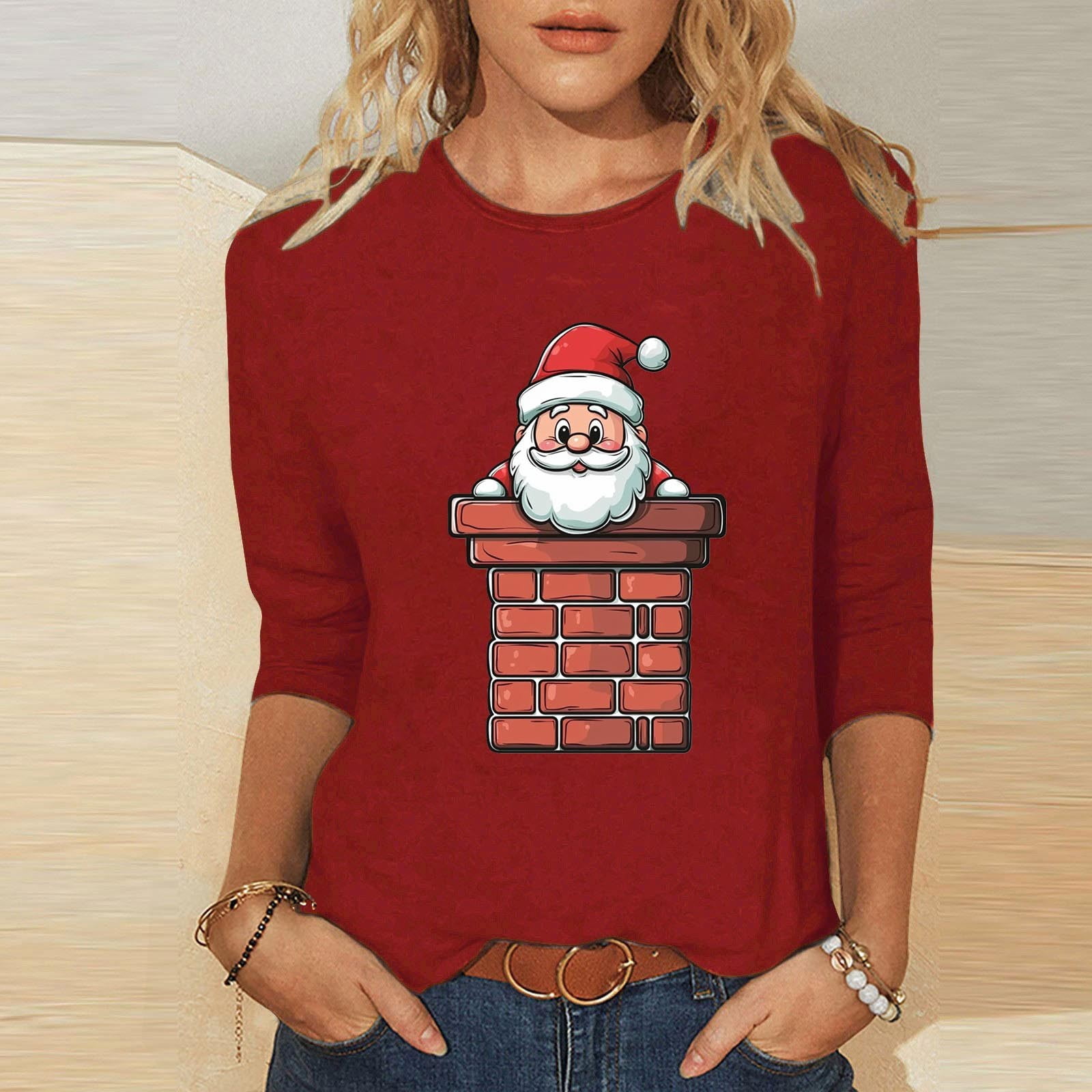 Cadancy Christmas Tops for Women 2025 Party Santa Crewneck 3/4 Sleeve ...