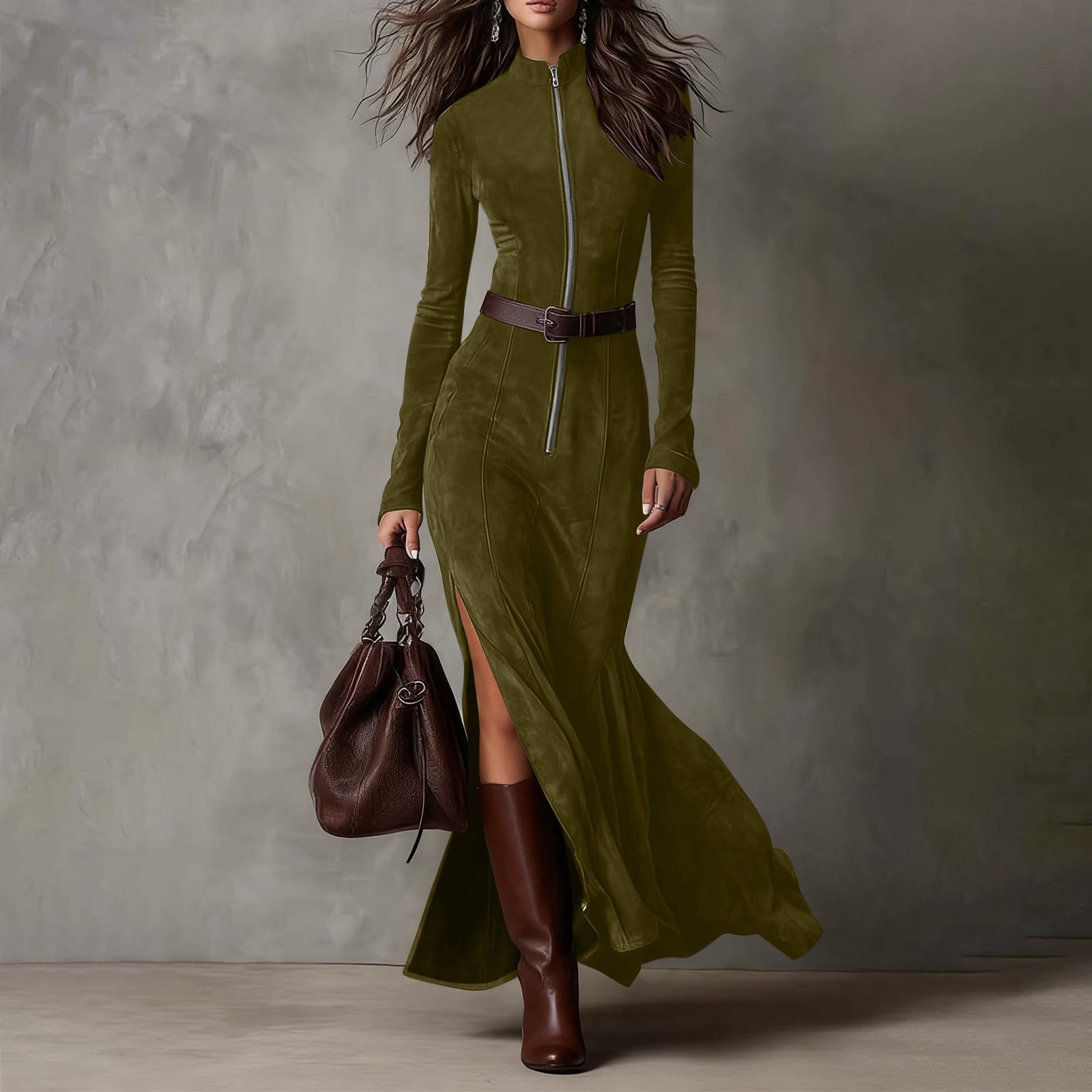 Cadancy Faux Suede Dresses for Women Zip Up Mock Neck Long Sleeve ...