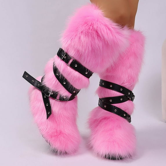 Cadancy Furry Boots for Women y2k Knee High Fluffy Plush Round Toe ...