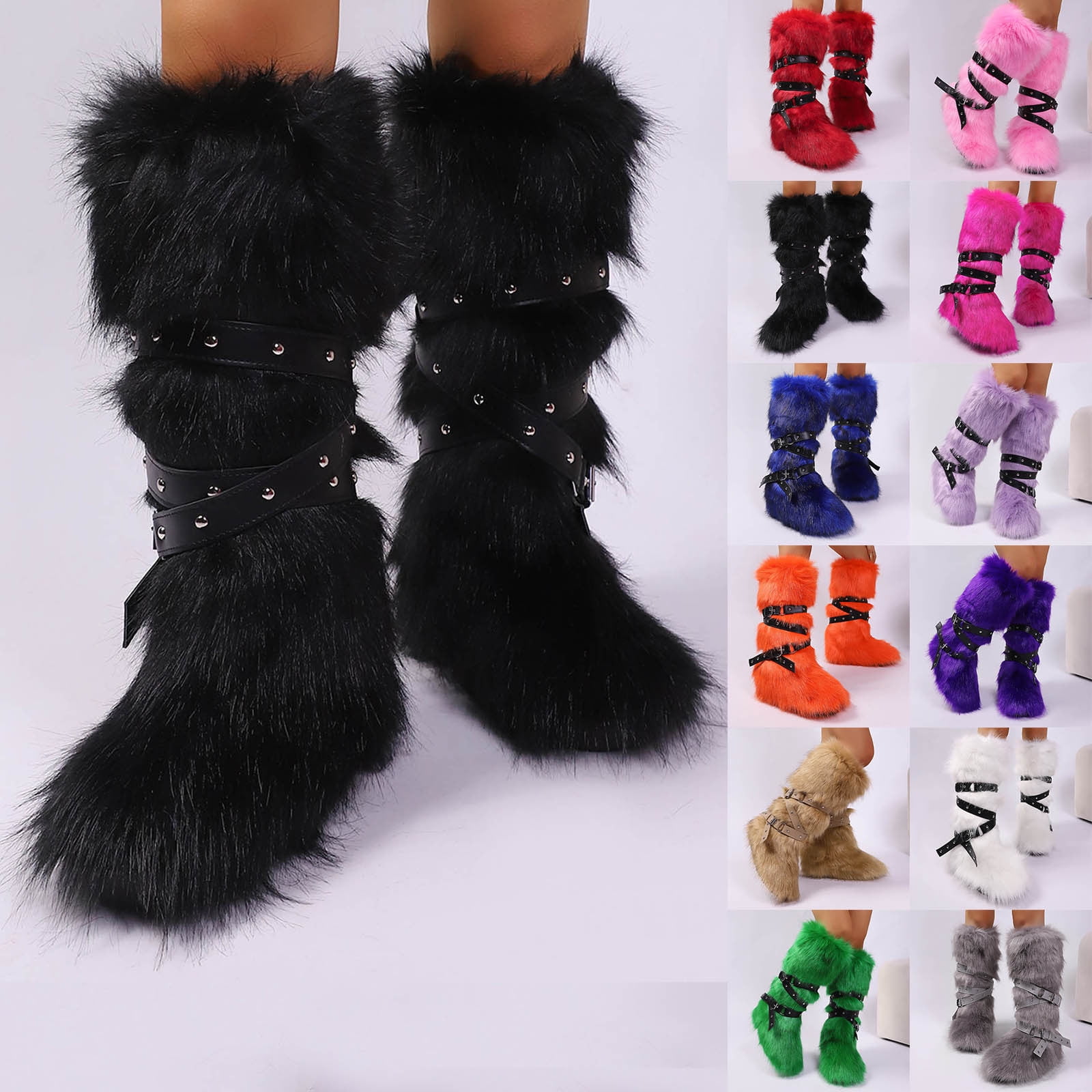 Cadancy Furry Boots for Women y2k Knee High Fluffy Plush Round Toe ...