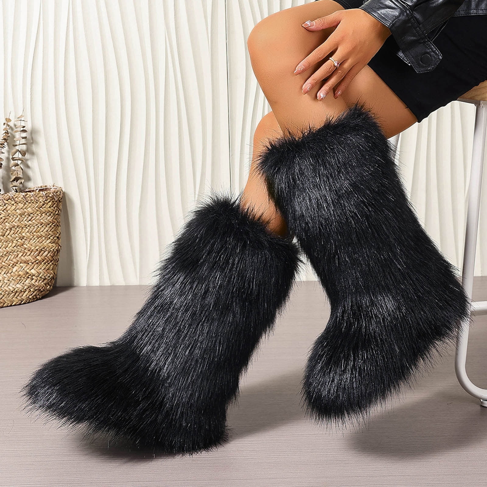 Cadancy Furry Boots for Women y2k Fashion Cute Fluffy Plush Mid Calf ...