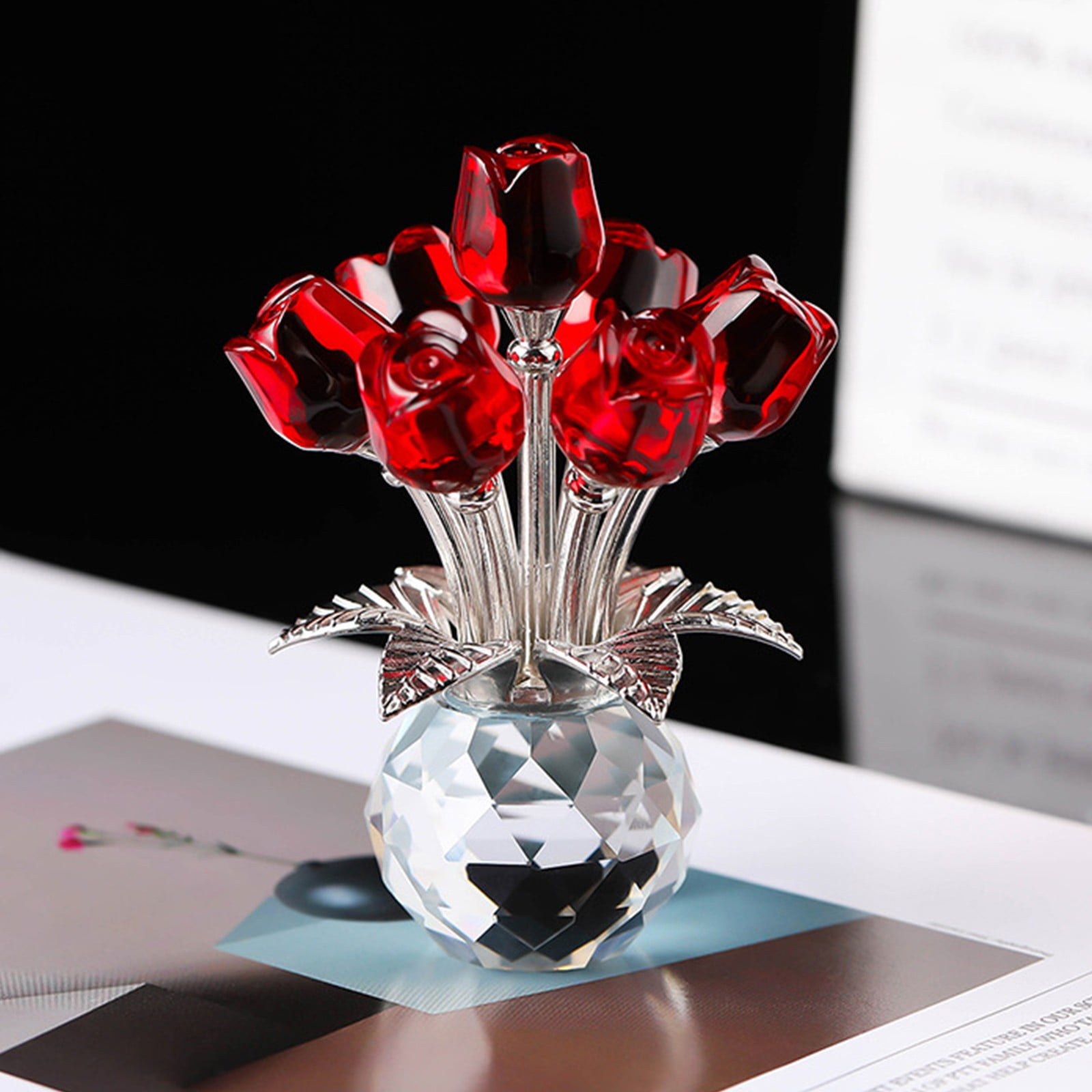 Cadancy Glass Rose Flowers Ornament, Crystal Transparent Bouquet with ...