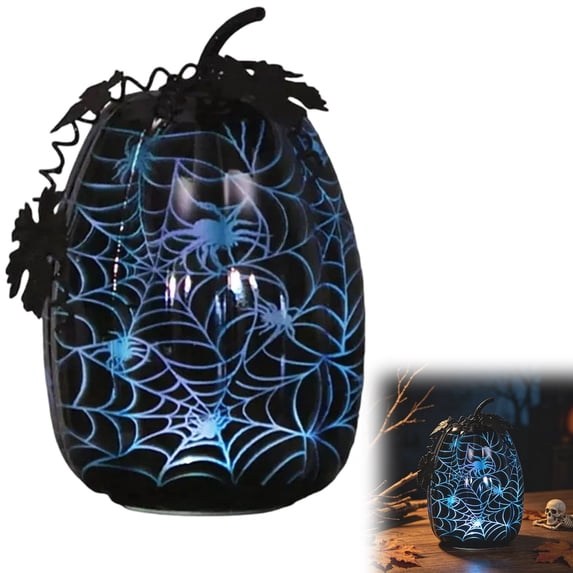 Cadancy Halloween Spider Web Glass Pumpkin LED Light Up Lantern ...