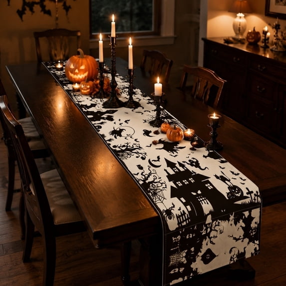 Cadancy Halloween Table Runner Spooky Ghost Spider Web Bat Skeleton ...