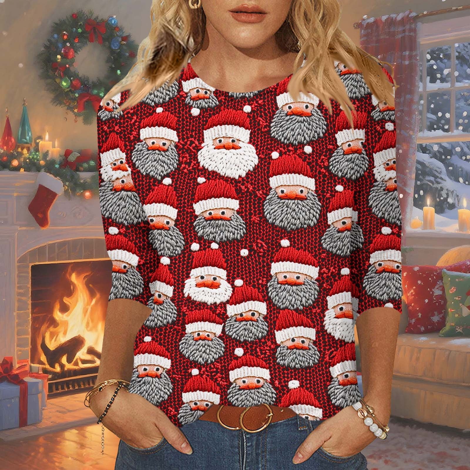 Cadancy Holiday Shirts for Women Vintage Christmas 3/4 Sleeve Casual ...