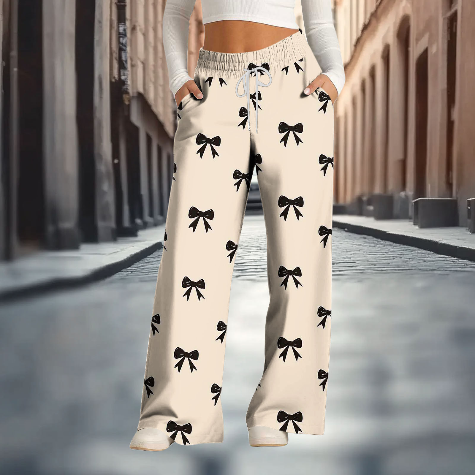 Cadancy Lounge Pants Women Wide Leg Bows Print Cute Sweatpants with ...