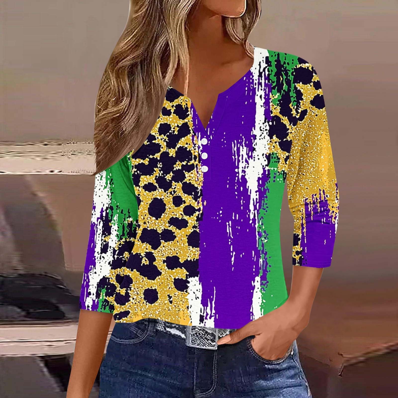Cadancy Mardi Gras Tops for Women Button V Neck Henley 3/4 Sleeve Rave ...